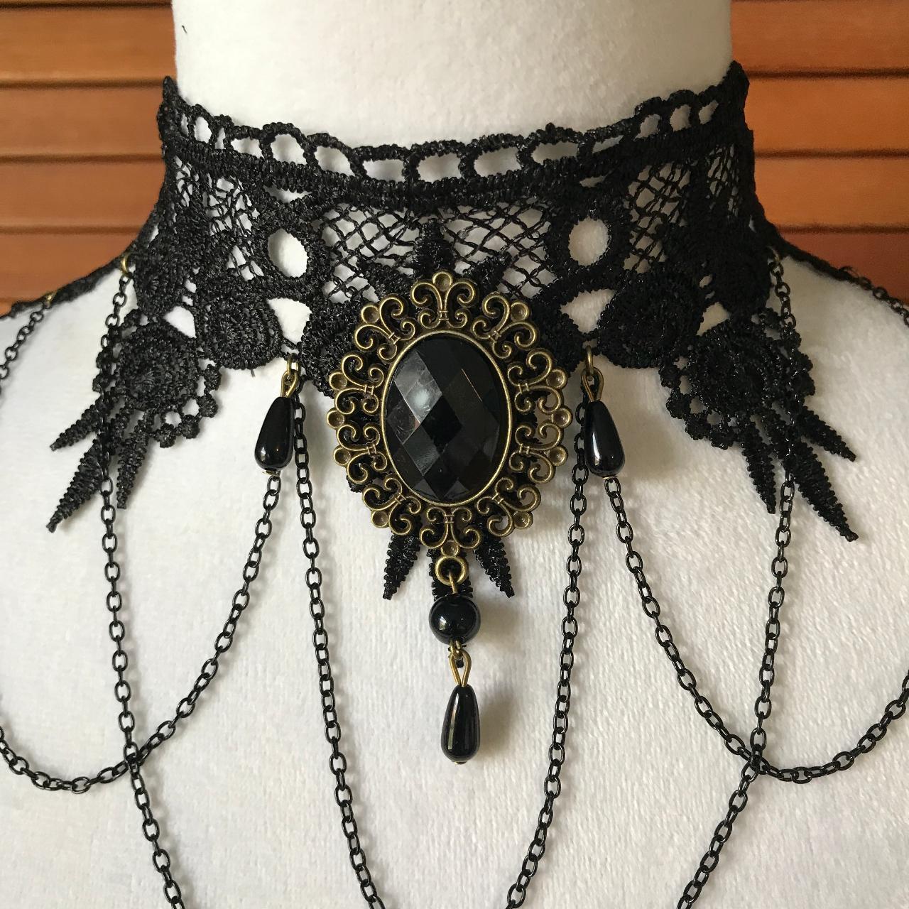 Gothic Victorian Black Lace & Chains Choker Necklace... - Depop