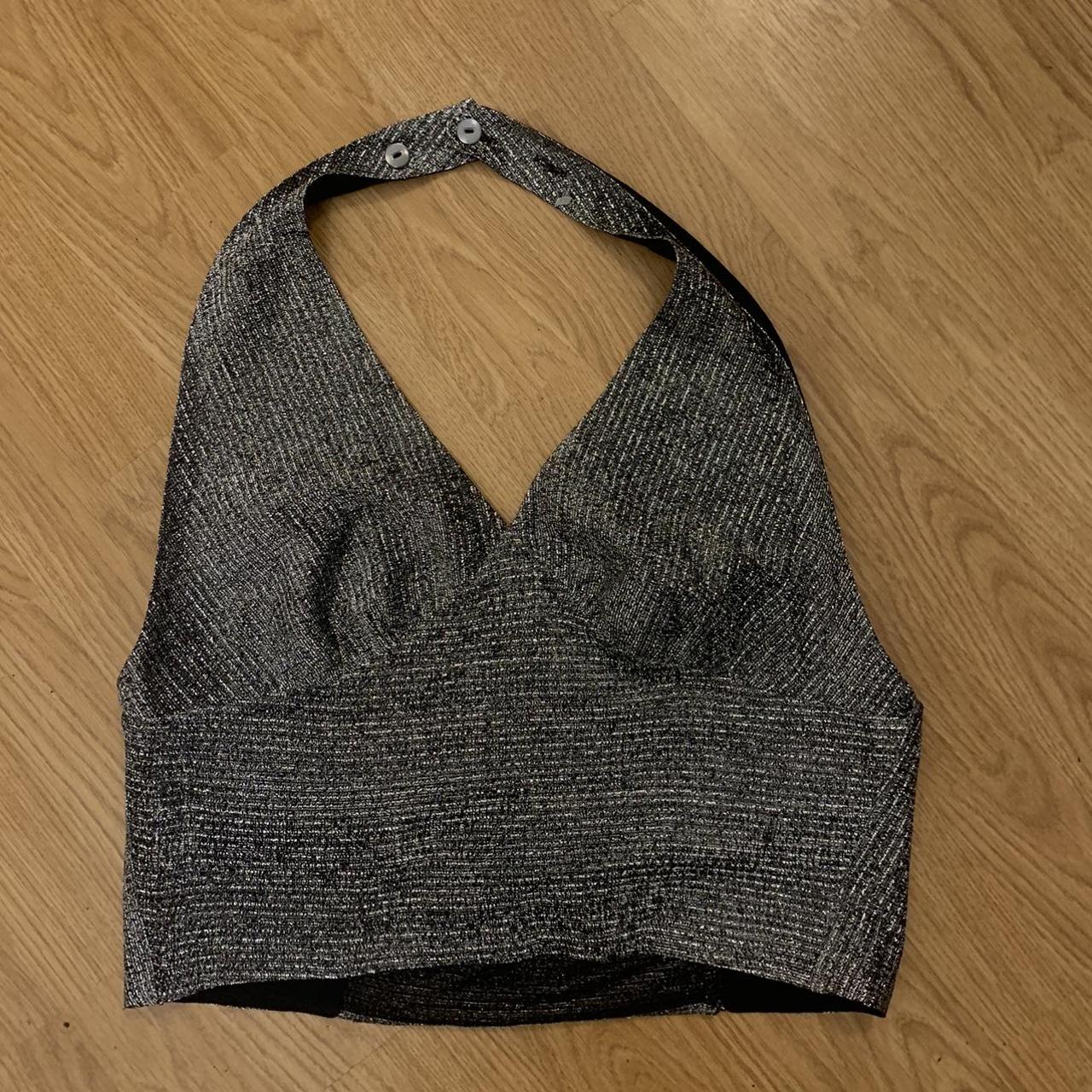 Silver sparkly backless halter-neck top with cup... - Depop