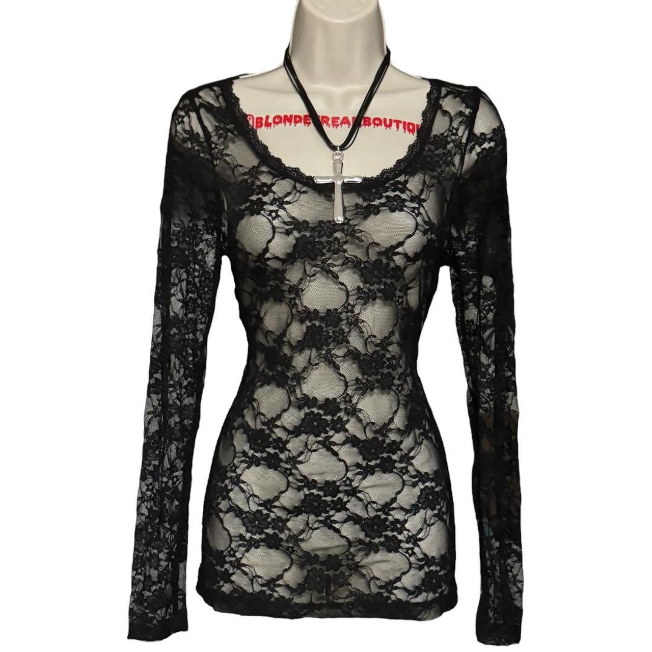 Gothic lace top Black sheer floral lace long sleeve... | Depop