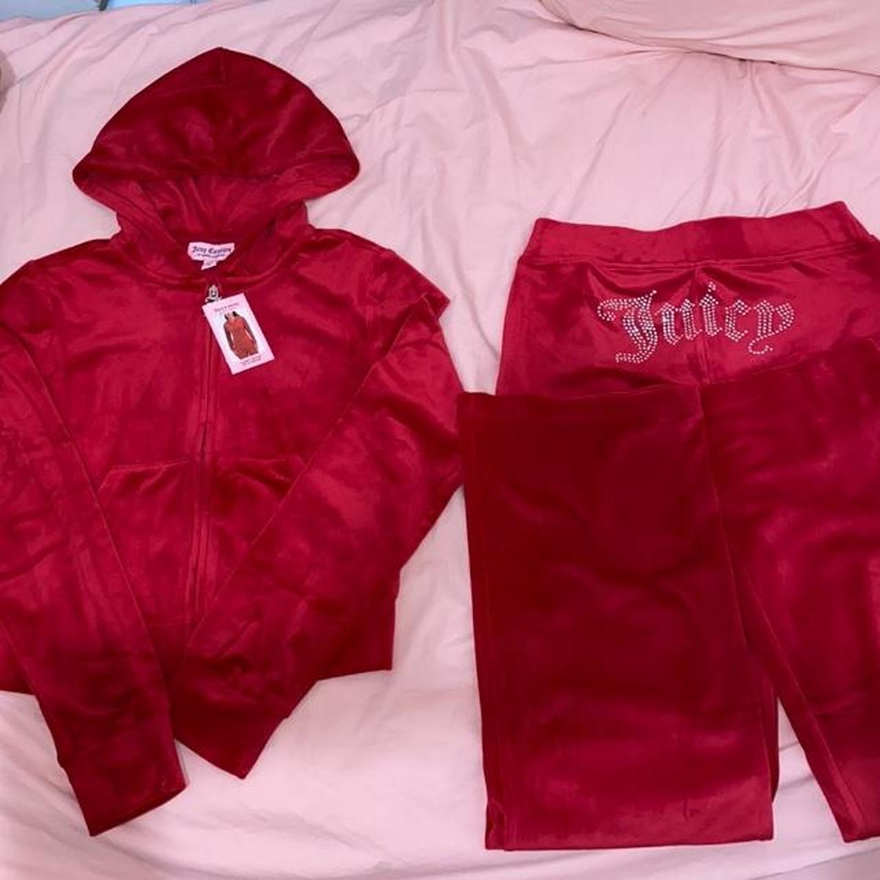 Juicy Couture red velour tracksuit with diamanté... - Depop