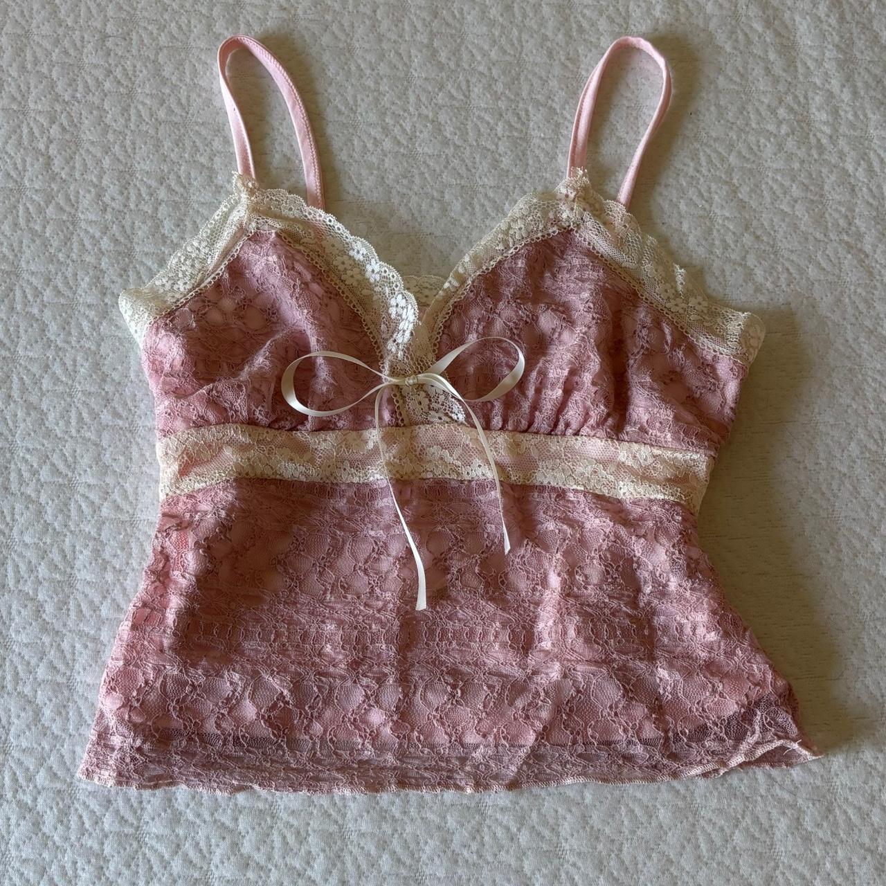 Super cute light pink lace cami top with bow detail... | Depop