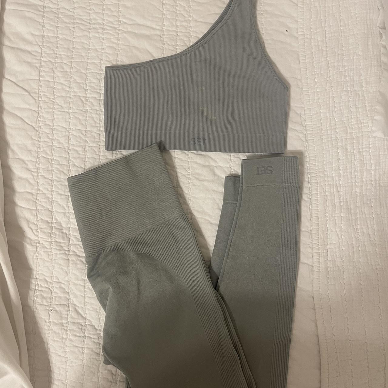 Set active one shoulder workout set in sage green - Depop