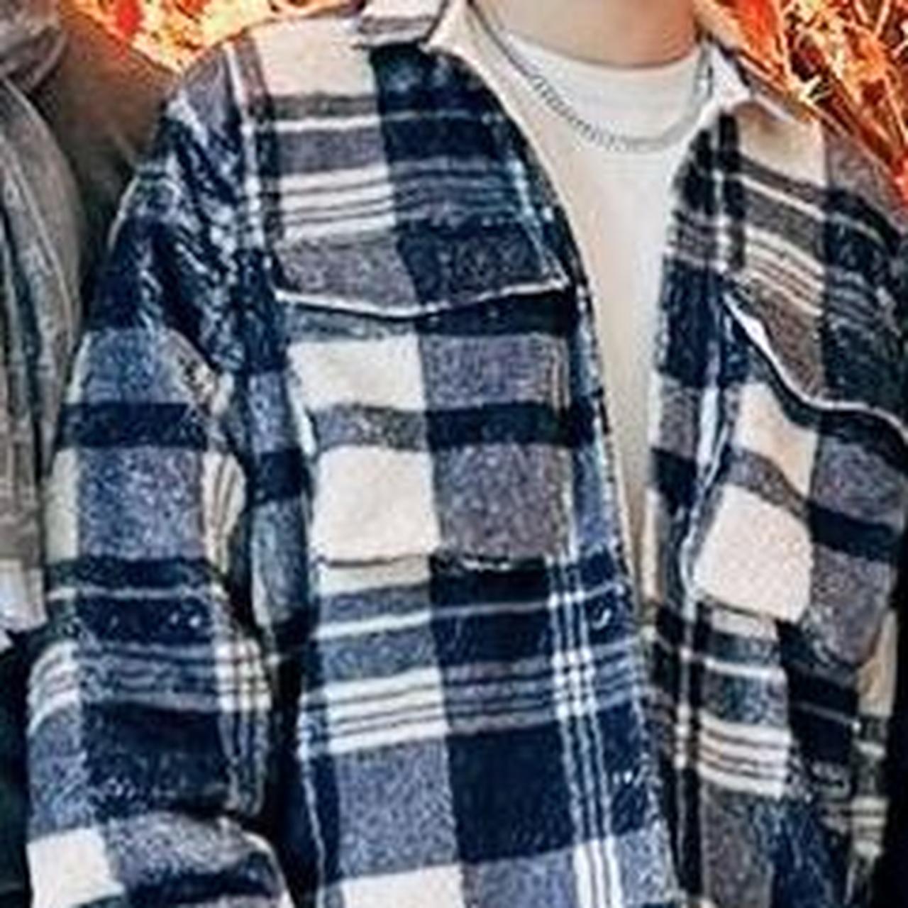 STAMP D FLEECE FLANNEL BLUE/WHITE x TRAVIS SCOTT... - Depop