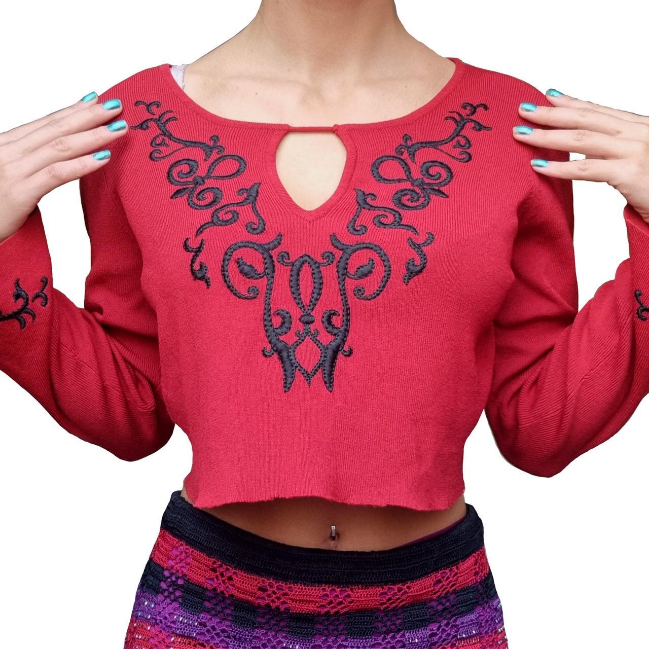 crop long sleeve red top with cutout and embroidered... - Depop