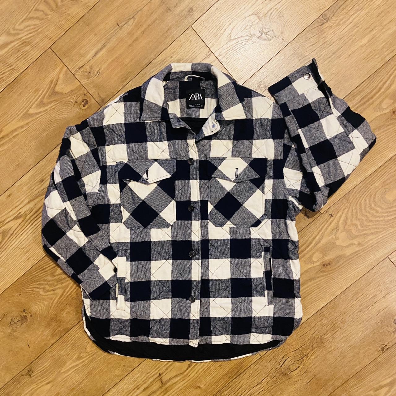 ZARA Oversized Navy & Off White Checkered Shacket... - Depop
