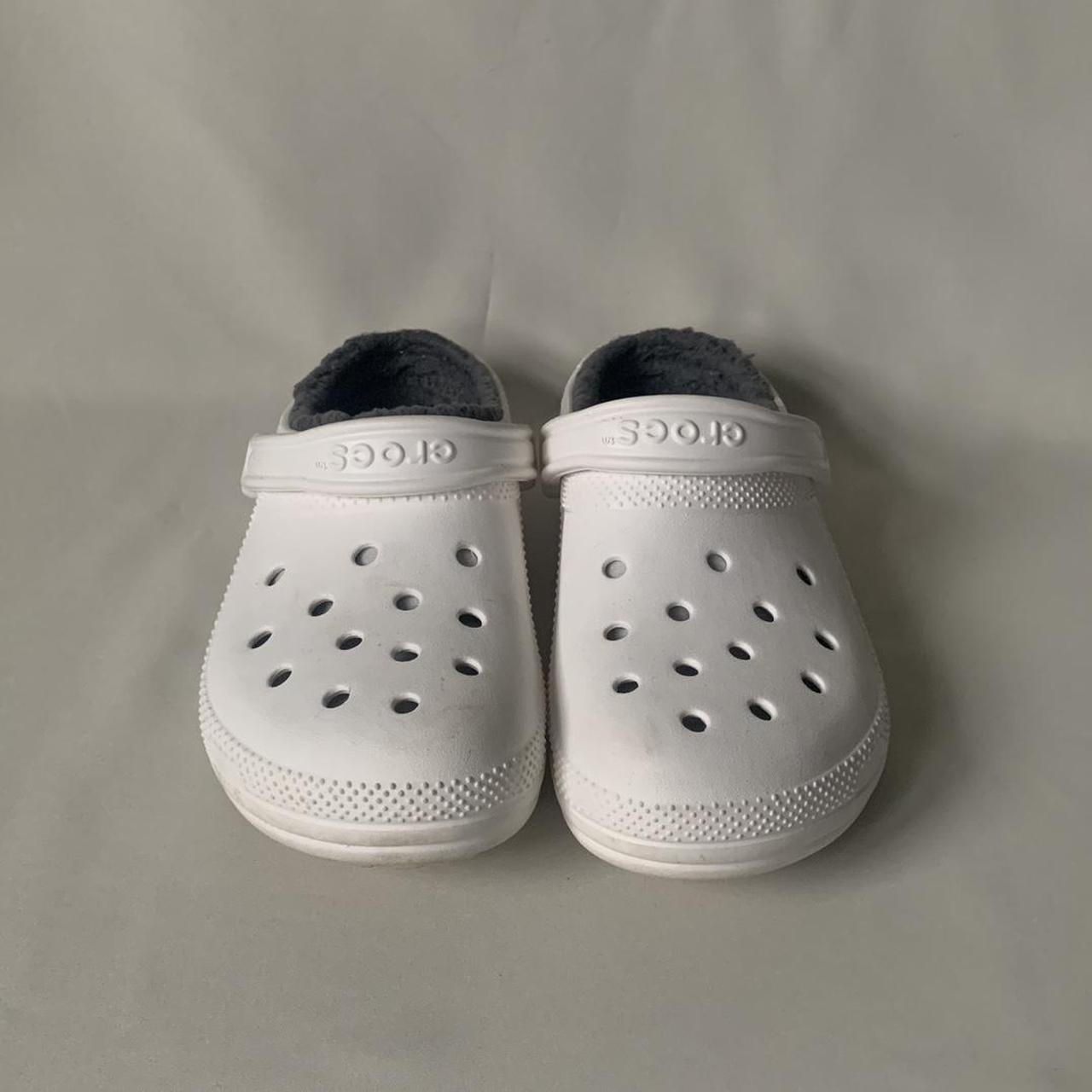 white and grey sherpa lined crocs size 9, fit a... - Depop