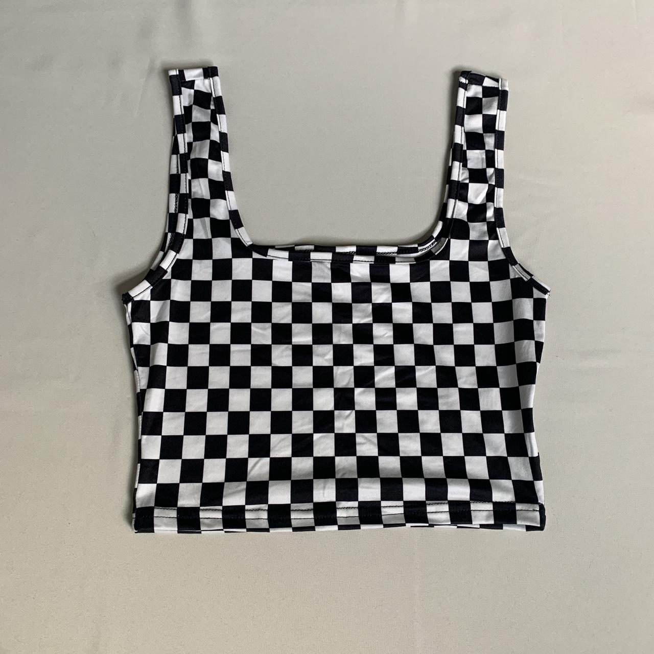 black and white checkered cropped tank top #nwt... - Depop
