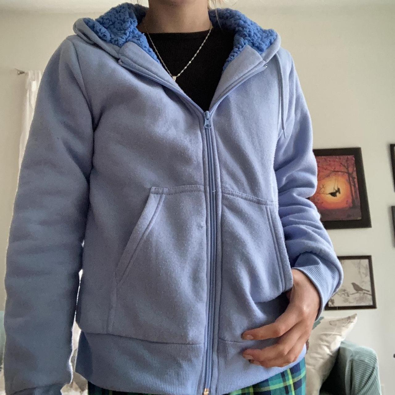 Baby blue jacket with fluff and satin on the inside... - Depop