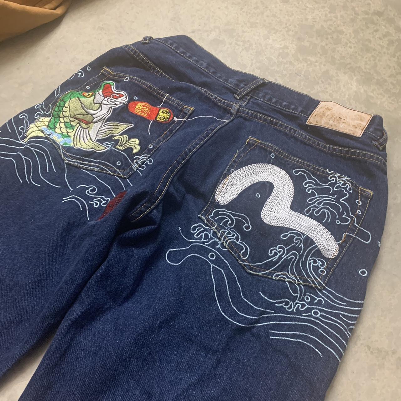 Evisu baggy denim Jorts, good embroidery on these... - Depop
