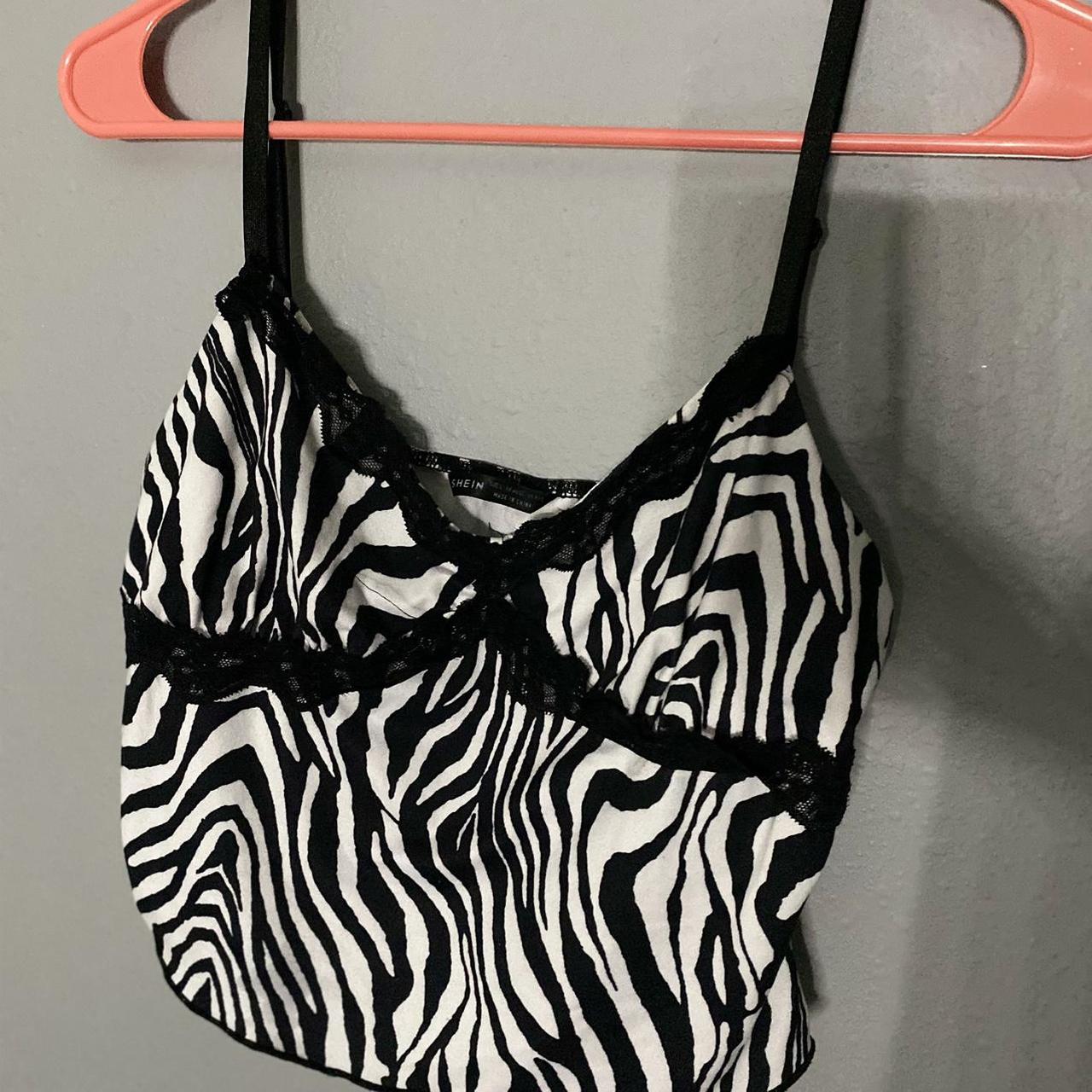 Black and white zebra print cami top with lace trim... - Depop