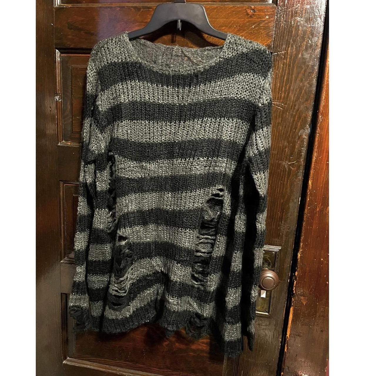 oversized grey and black striped knit sweater with... - Depop