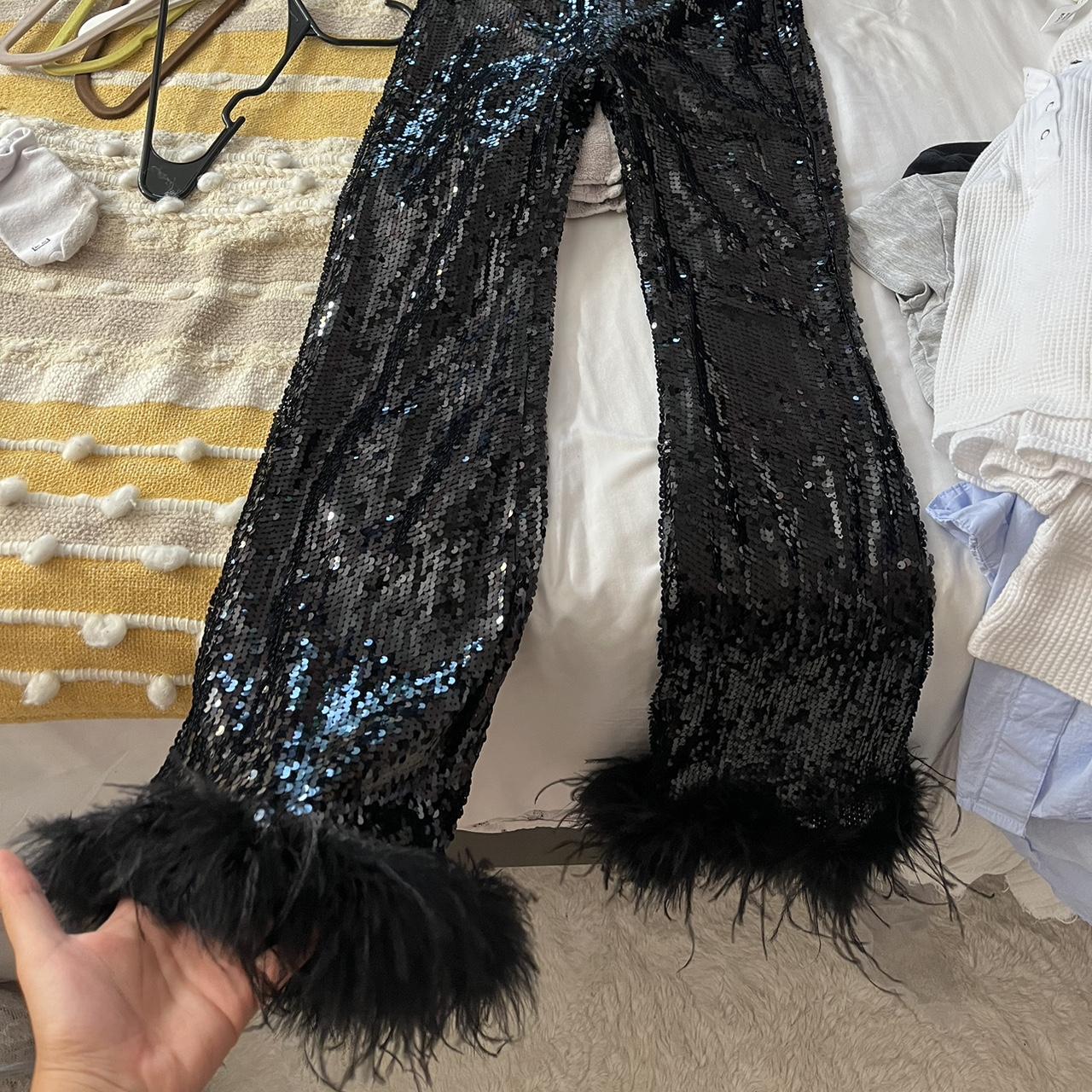 Nasty Gal Full Sequin Feather Trim Pants - worn... - Depop