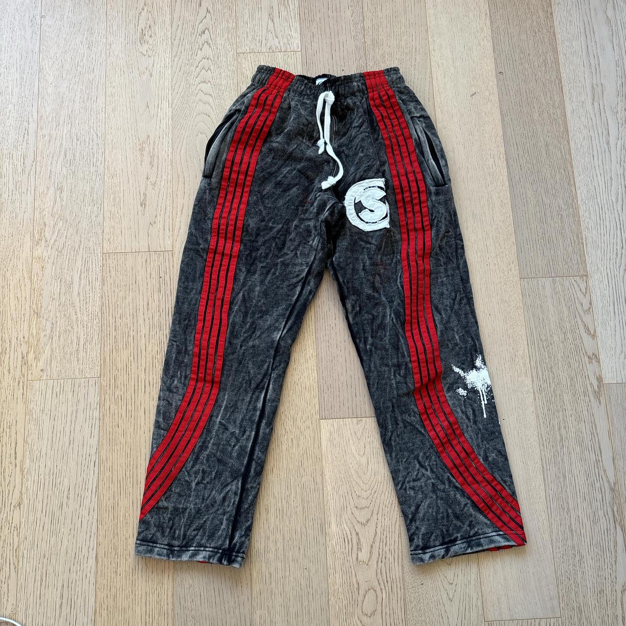 Black and red embroidered streetwear sweatpants with... - Depop