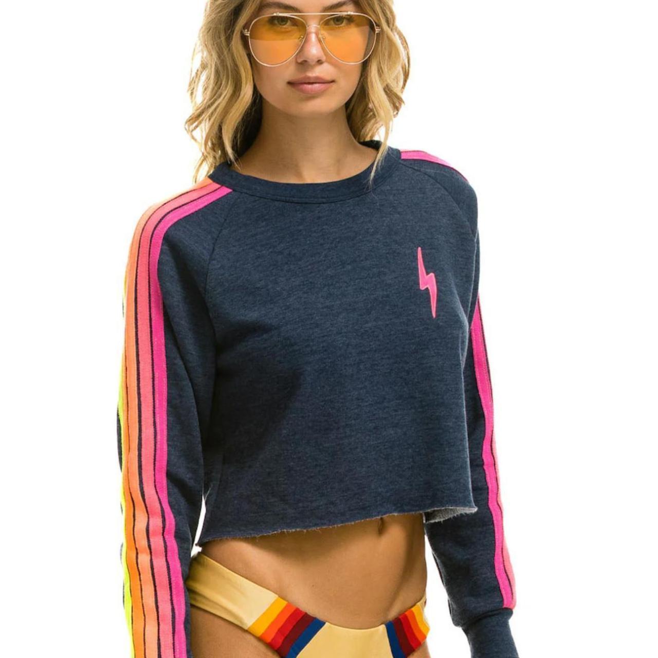 Aviator Nation Bolt Rugby Stitch Cropped Crew... | Depop