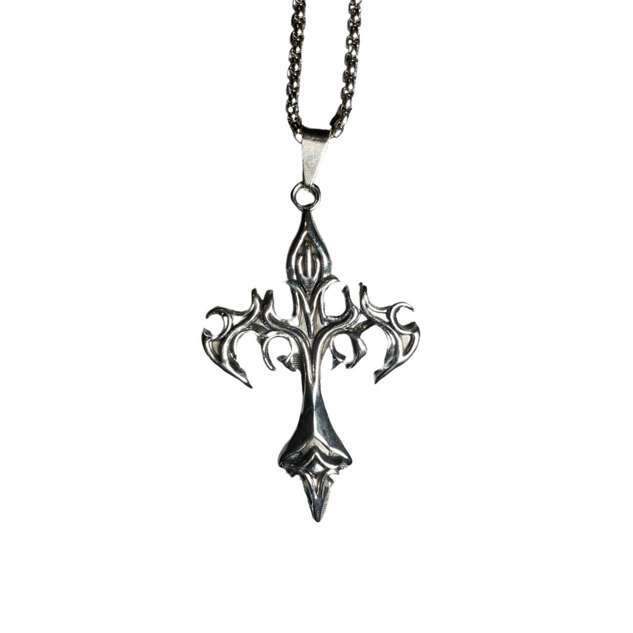 Silver y2k style cross necklace 23” #y2k... - Depop