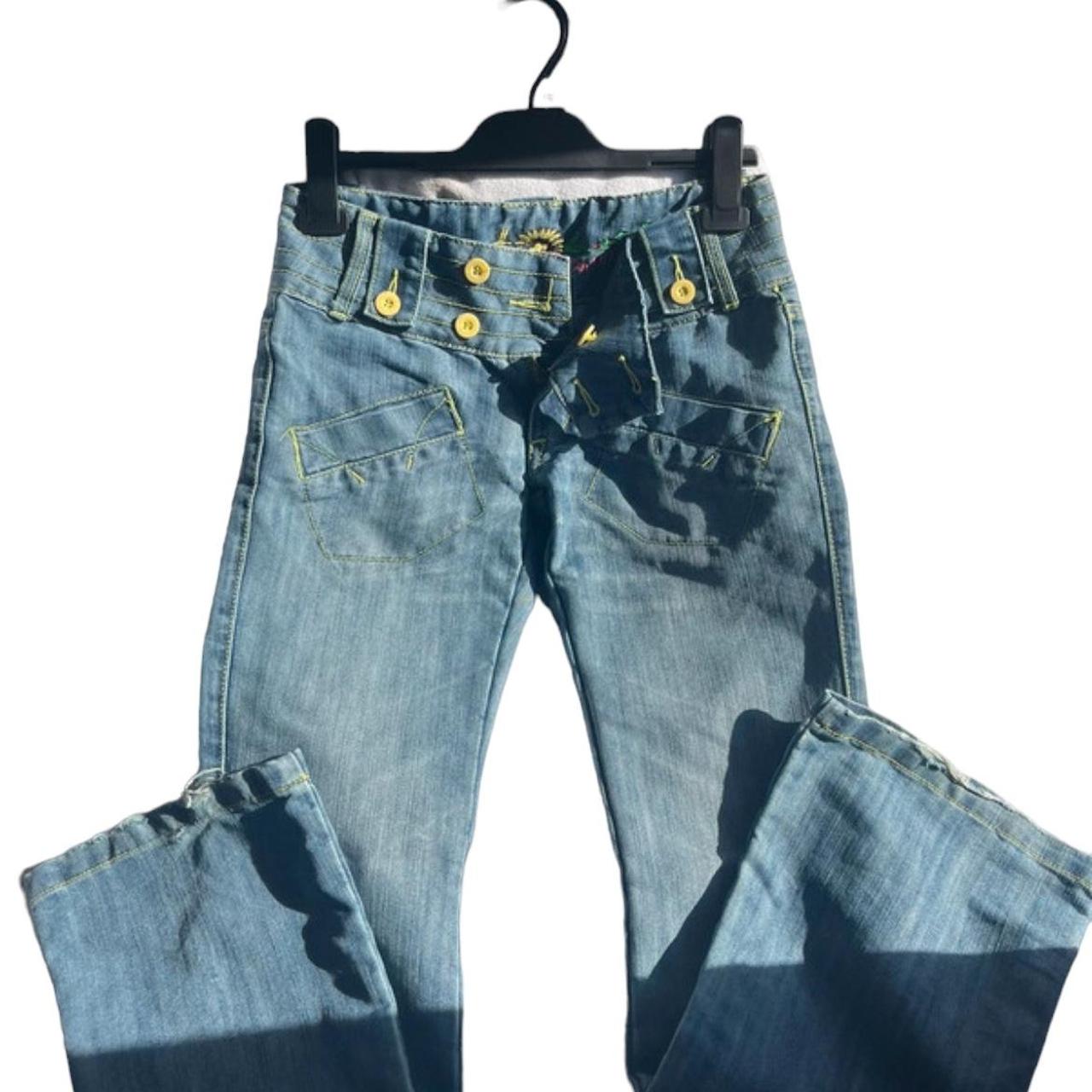 Low-rise, flared, light blue jeans with lime... - Depop