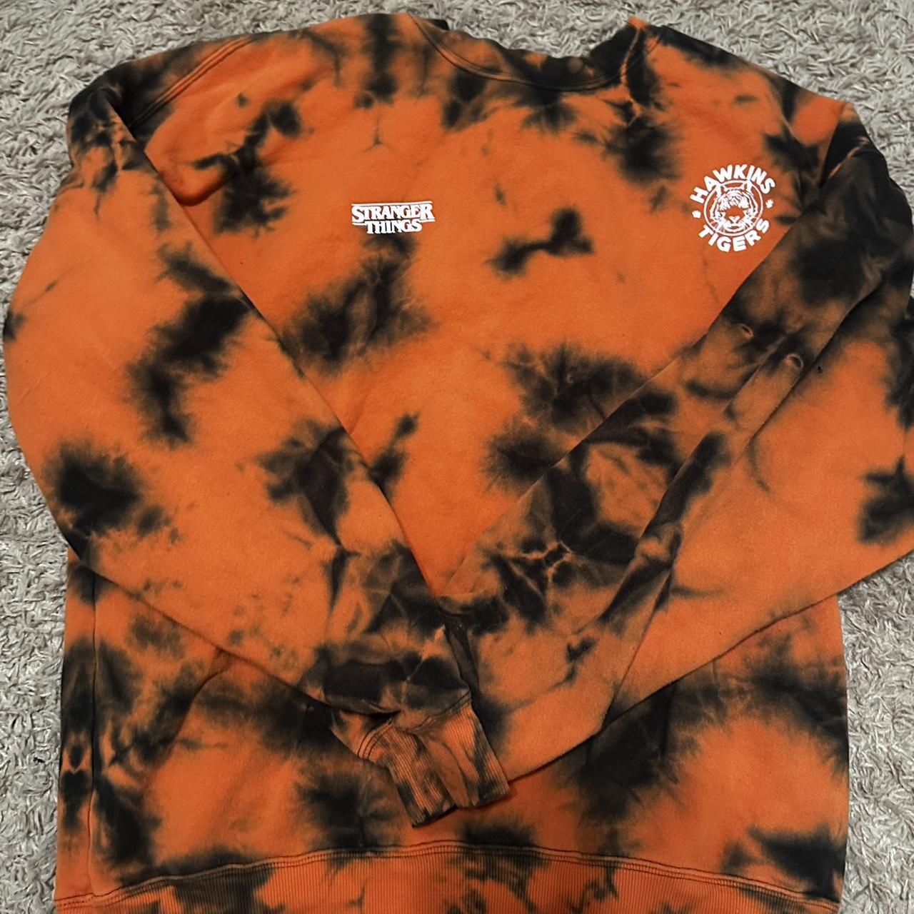 H&M Stranger Things Black & Orange Tie Dyed Crew Neck - Depop