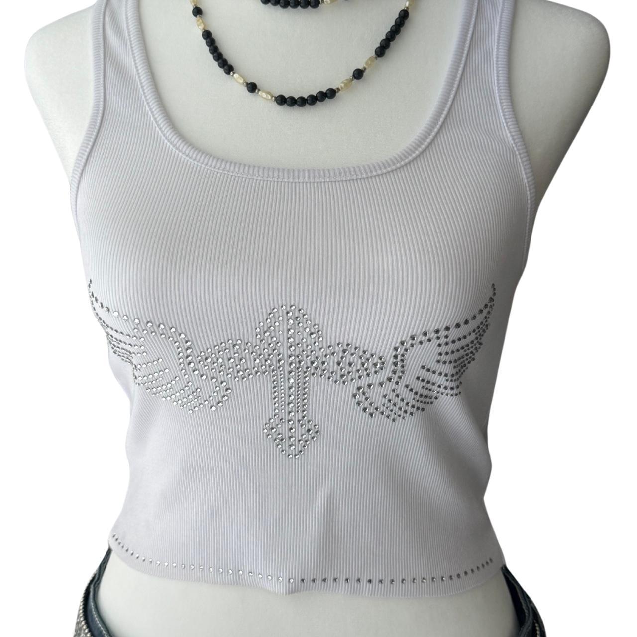 Cropped white tank top with a rhinestone cross and... - Depop