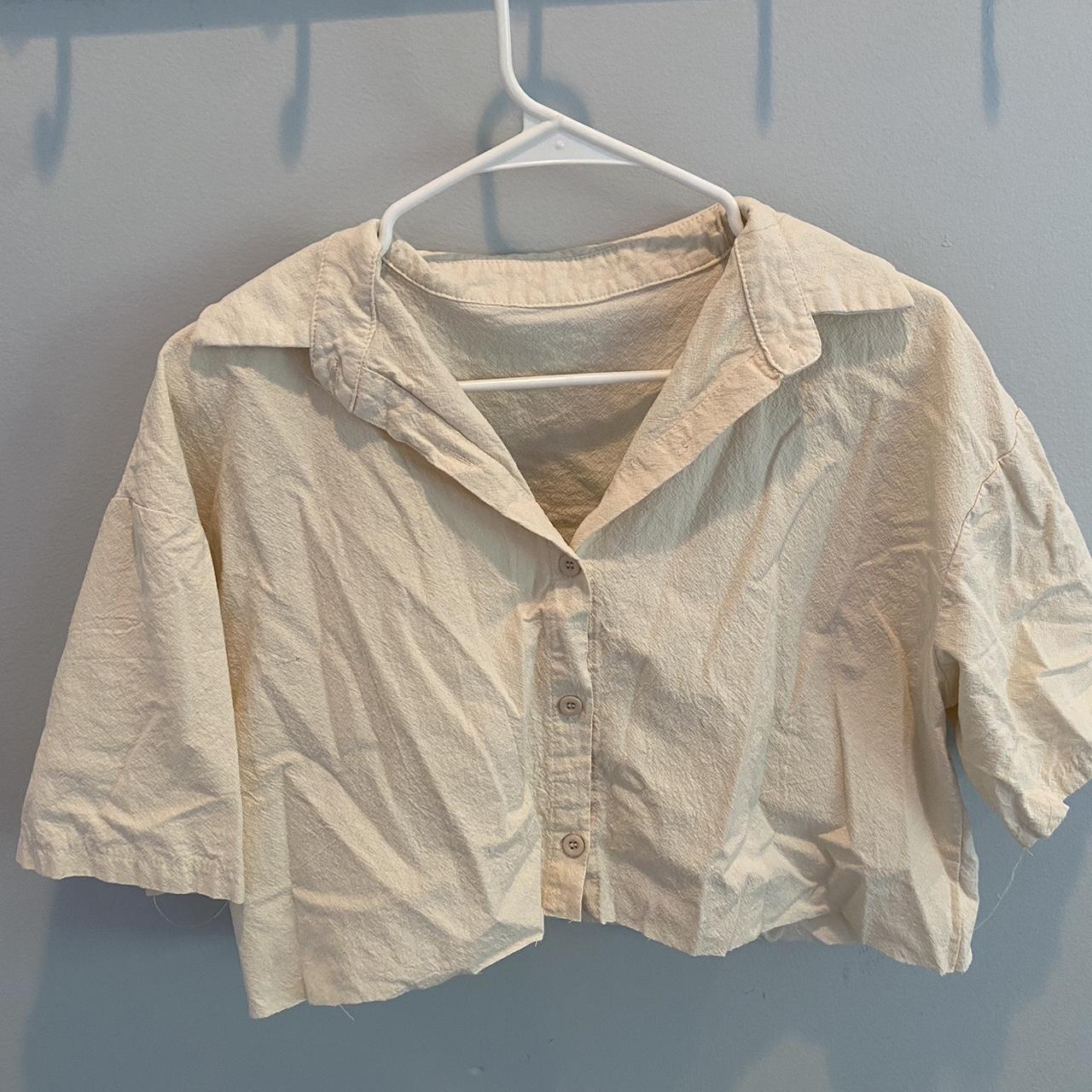 Cream Cropped Linen Button Up Size Medium/Large,... - Depop