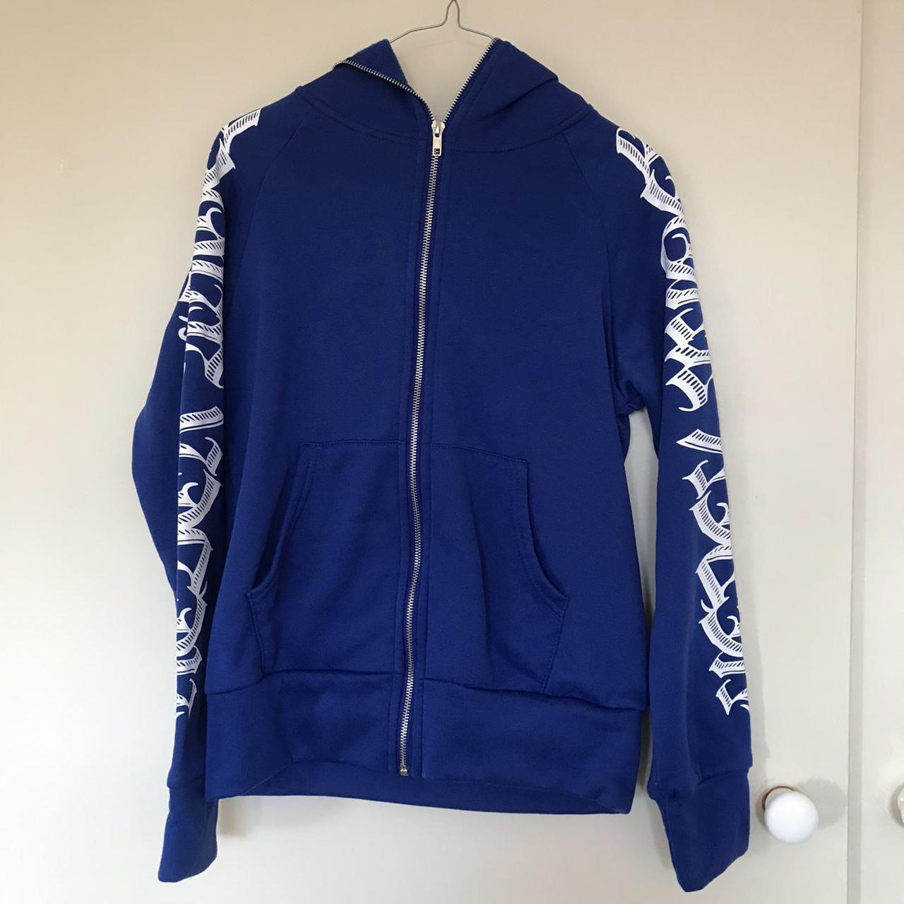 Royal Blue Zip Up Hoodie Graphic writing on sleeves... - Depop