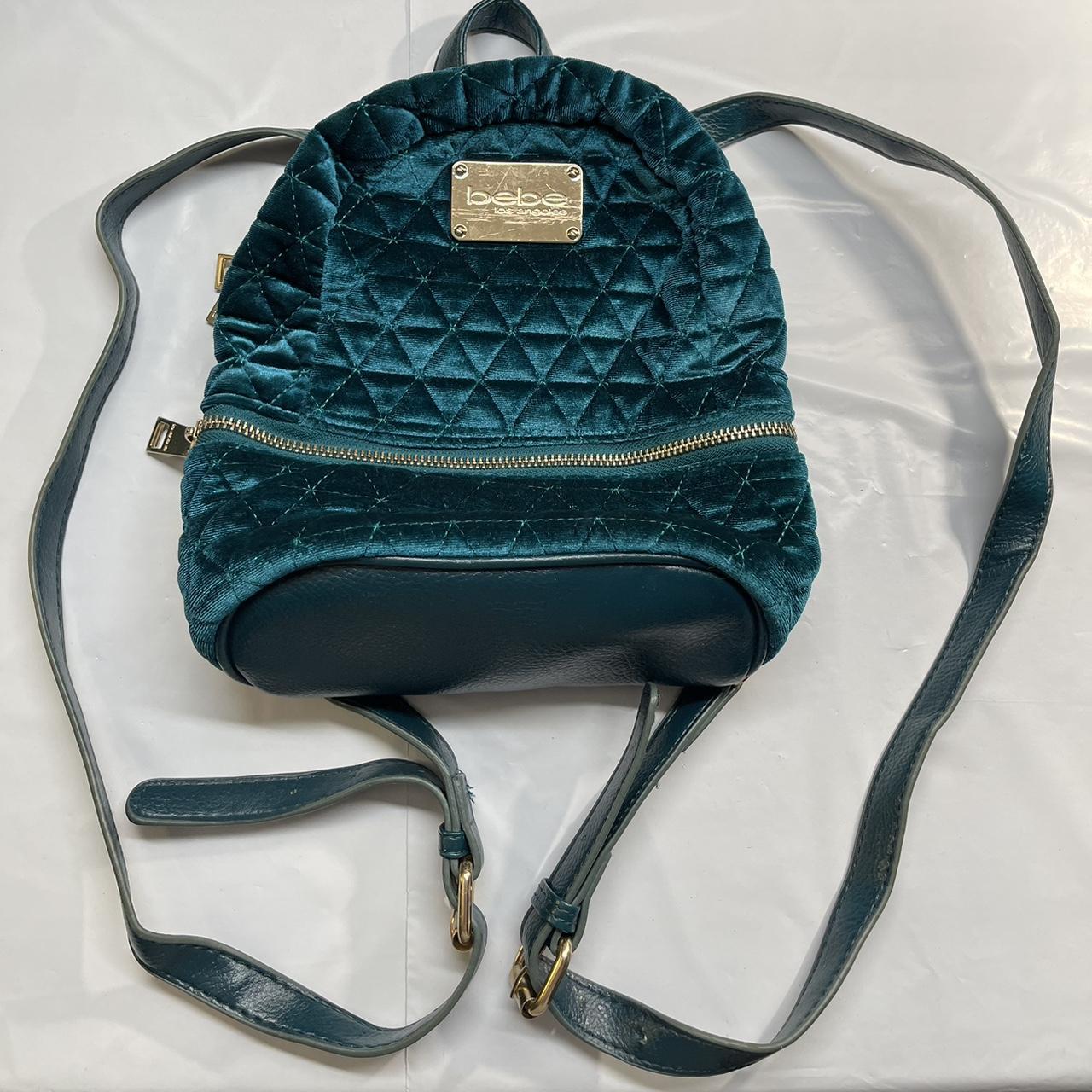 Bebe blue velvet mini backpack Has a little mark on... - Depop