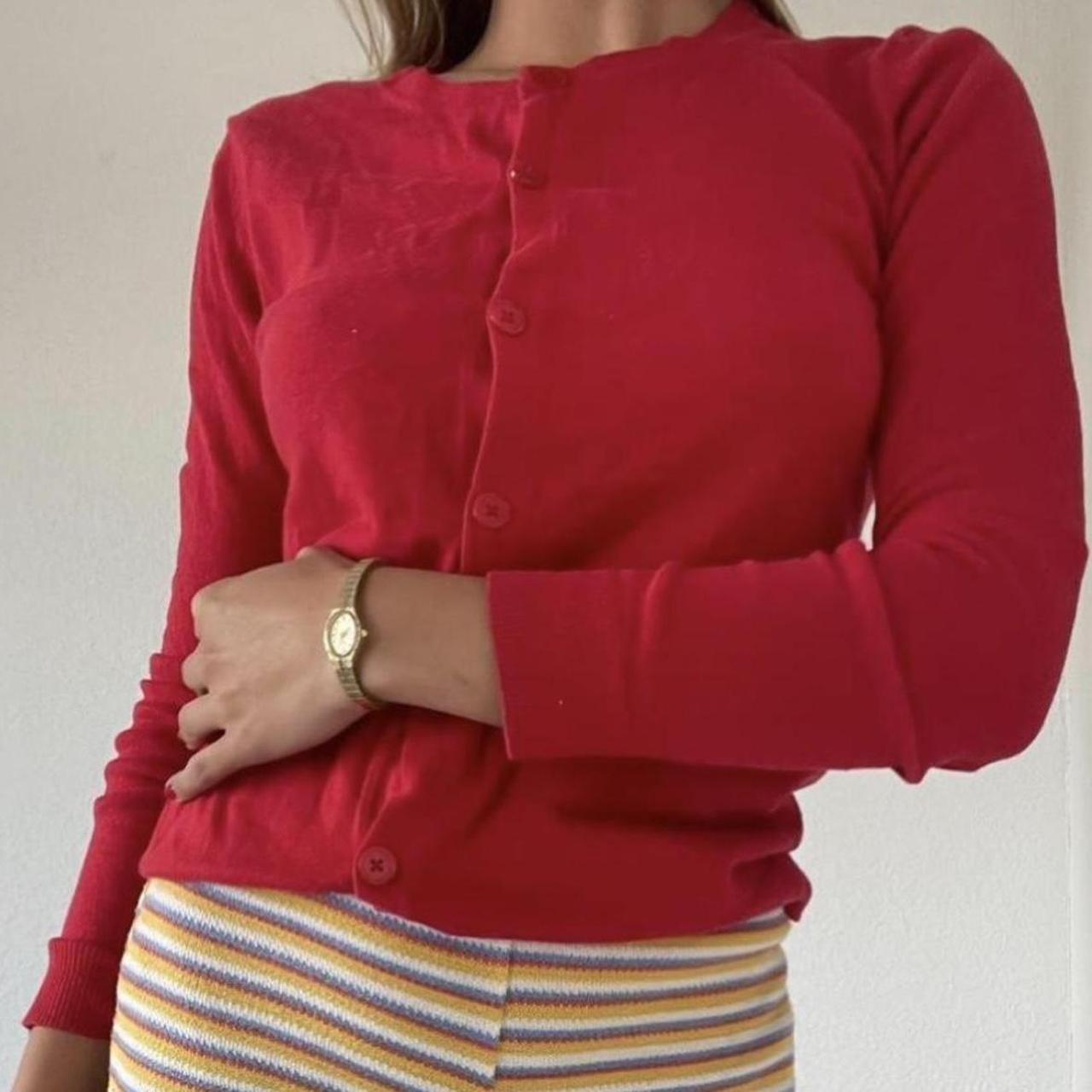 Cherry red long sleeve button up cardigan ️ good... - Depop