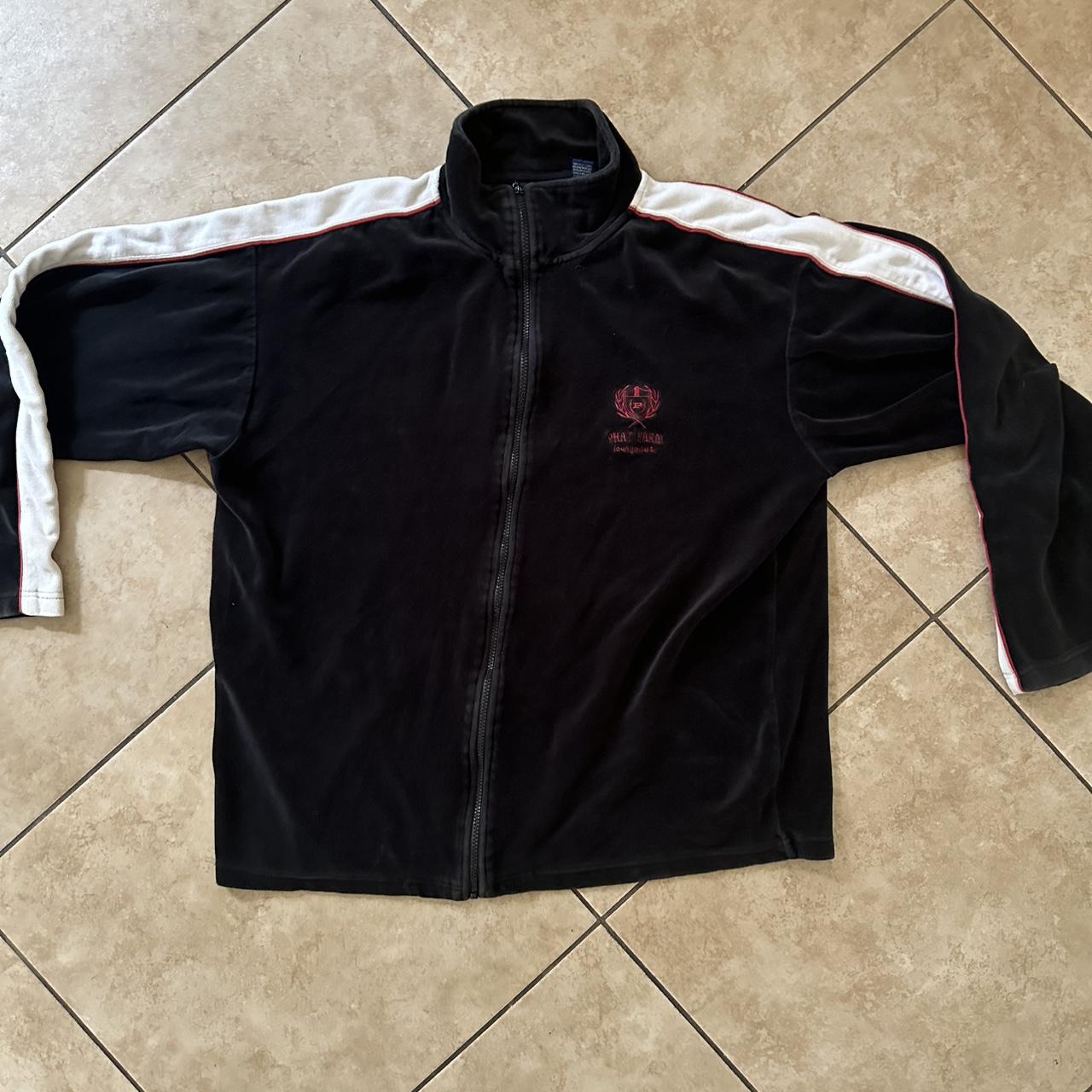 Black velvet 90s track jacket with white accents... | Depop