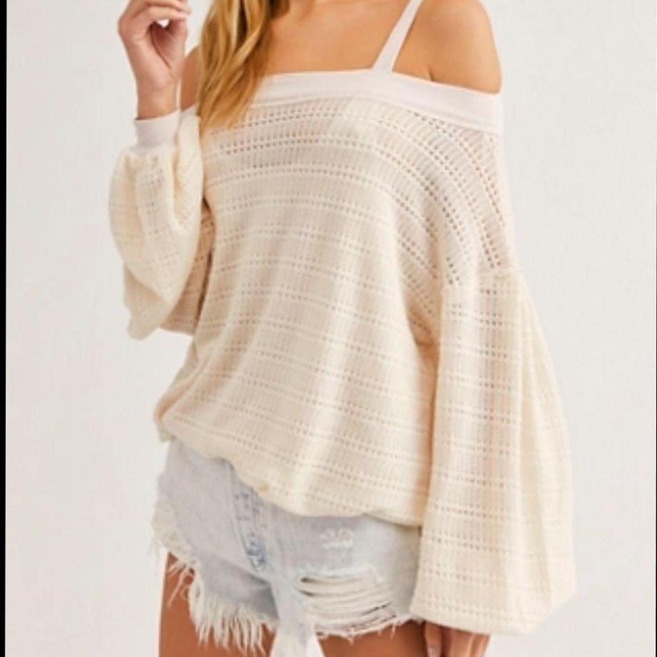 Free People Cream Puff Sleeve Sistine Hacci Knit Top... - Depop