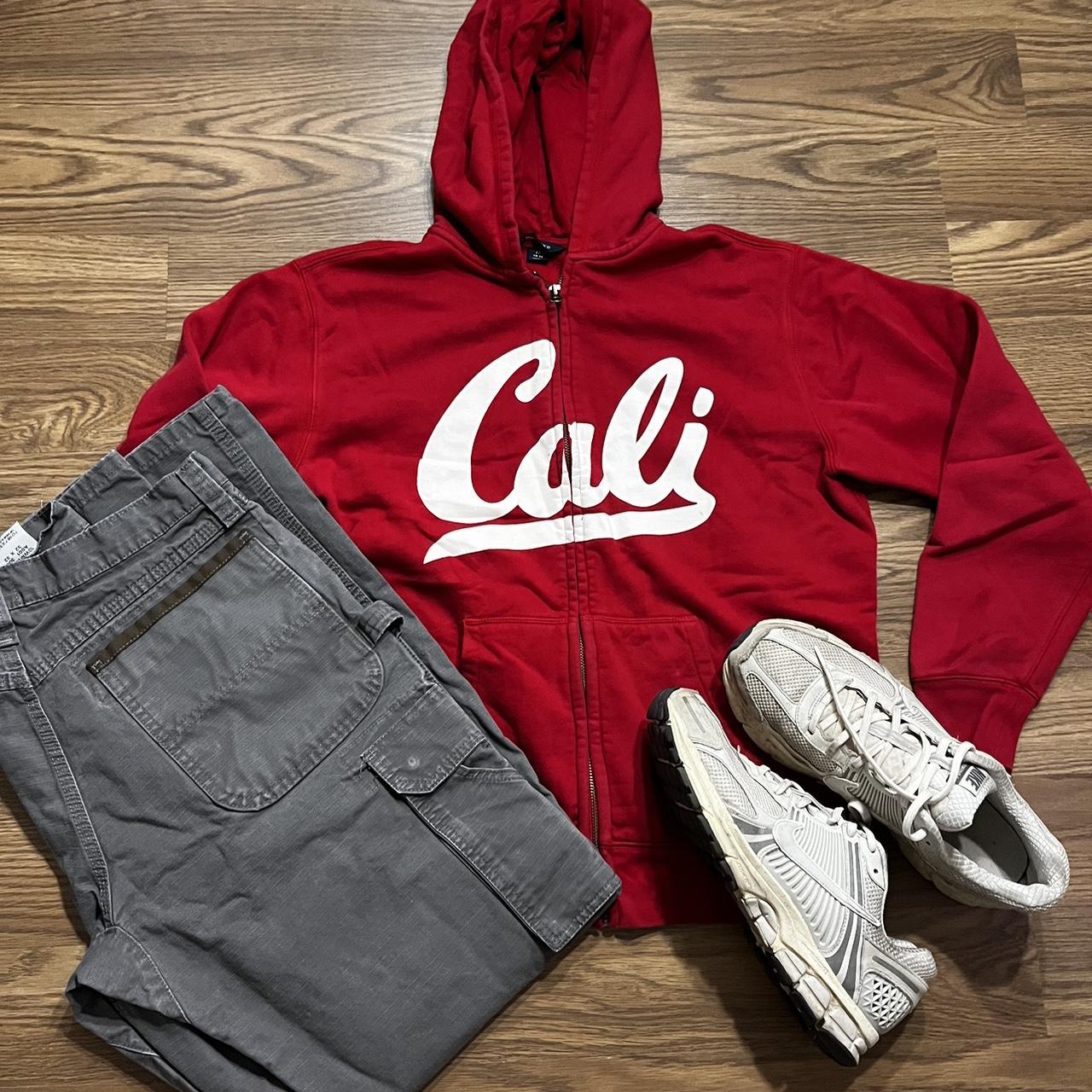 Red cali zip up hoodie size medium - Depop
