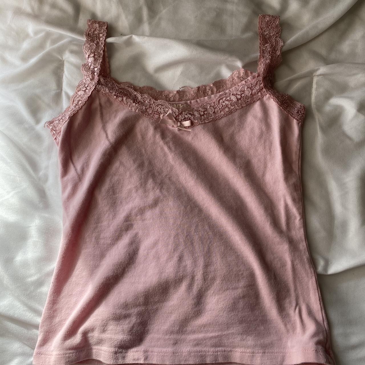 Pink lace cami top bowcore coquette #bowcore... - Depop