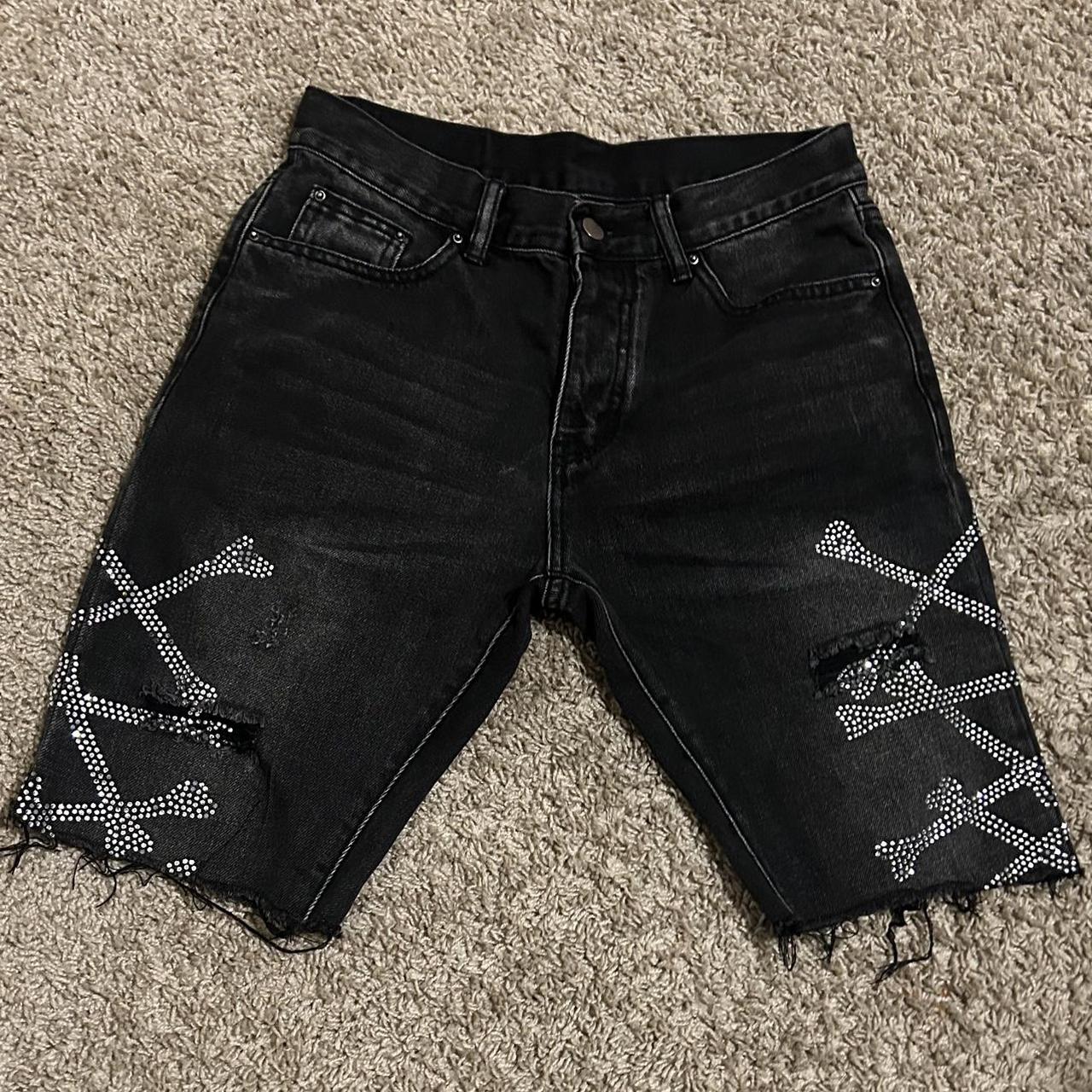 Black custom rhinestone bone jorts - Depop