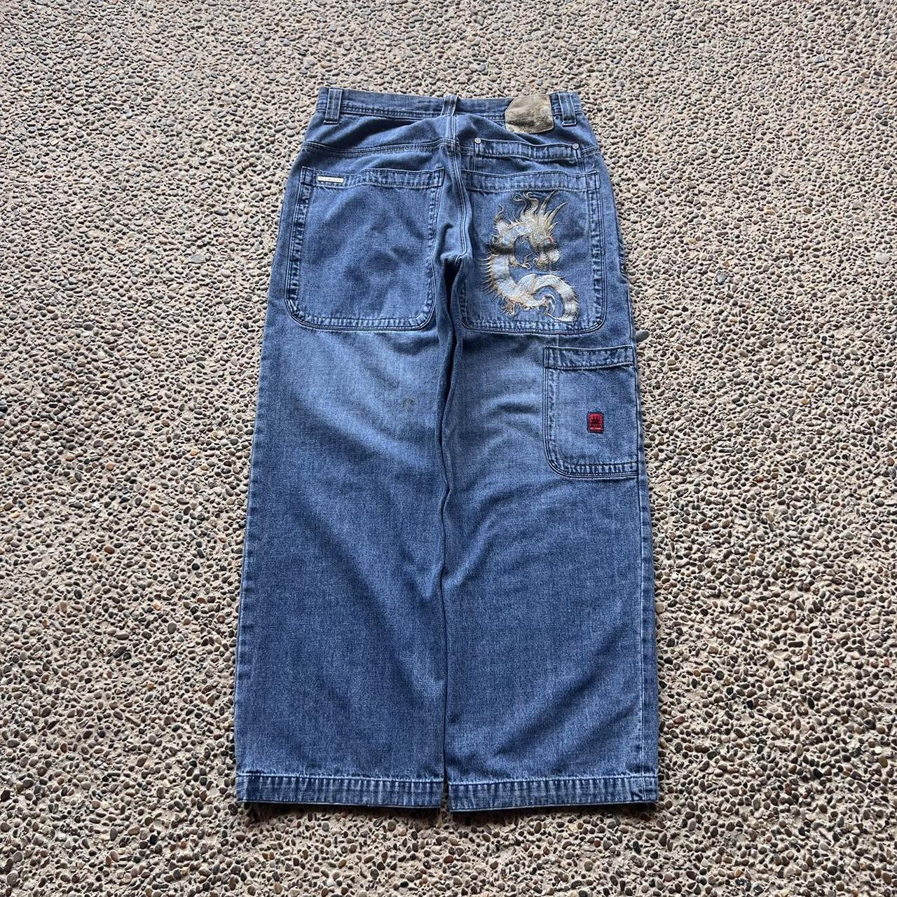 JNCO Jeans tribal dragon patch jeans size 34x30.... - Depop