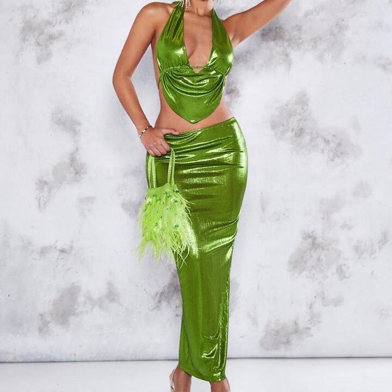 Green metallic 2-piece set halter backless top and... | Depop