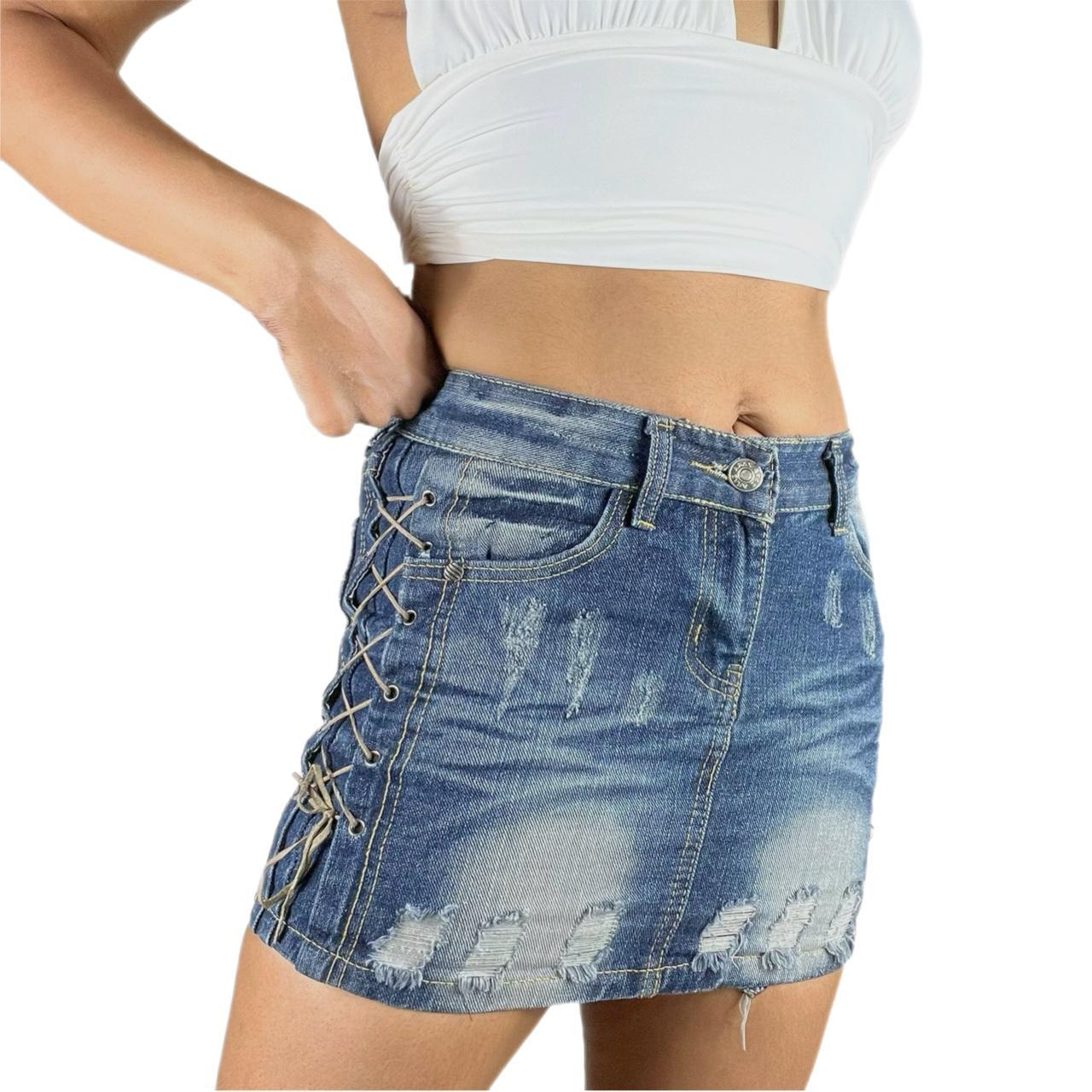 2000s distressed micro mini denim skirt with cord... - Depop