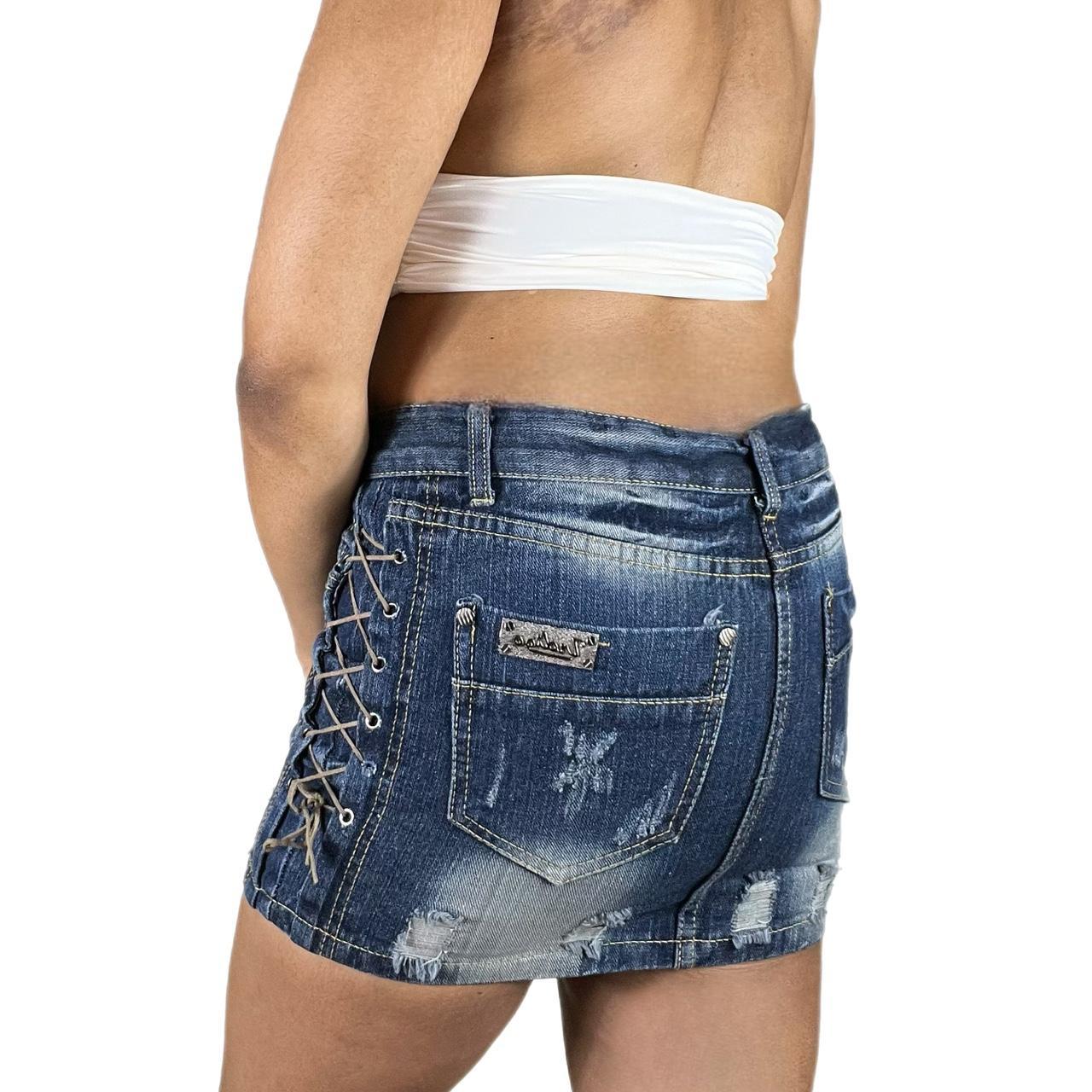 2000s distressed micro mini denim skirt with cord... - Depop