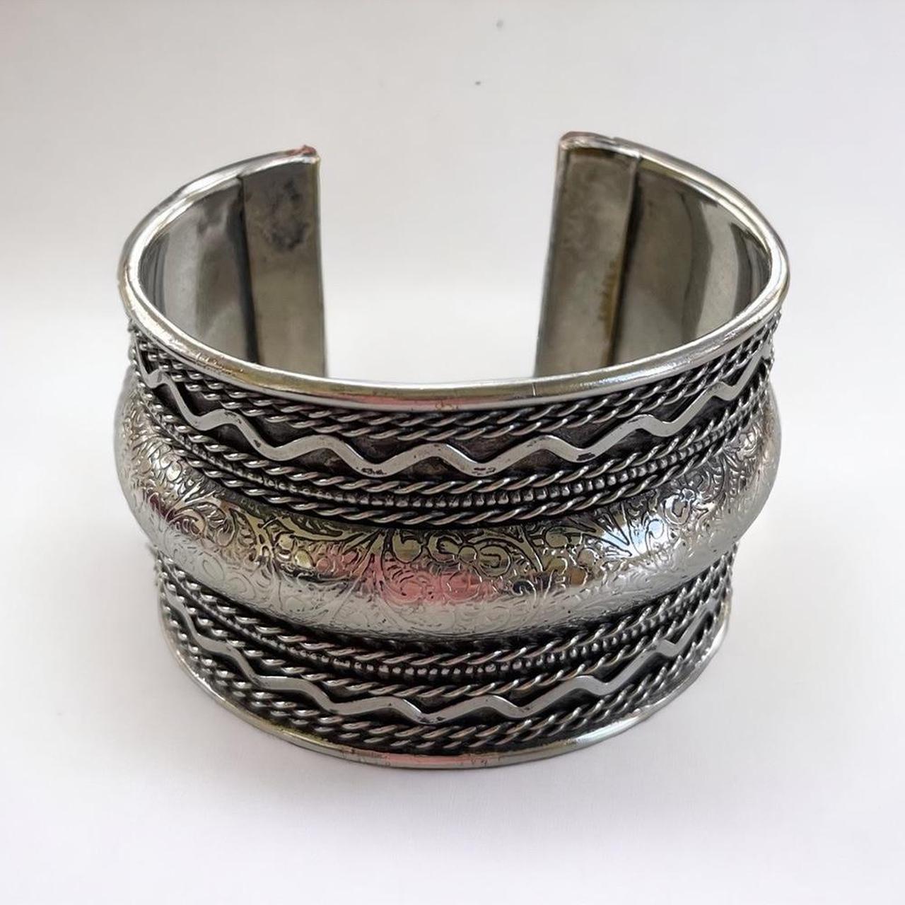 Tribal Style Silver Tone Cuff Bracelet Boho Chunky... - Depop