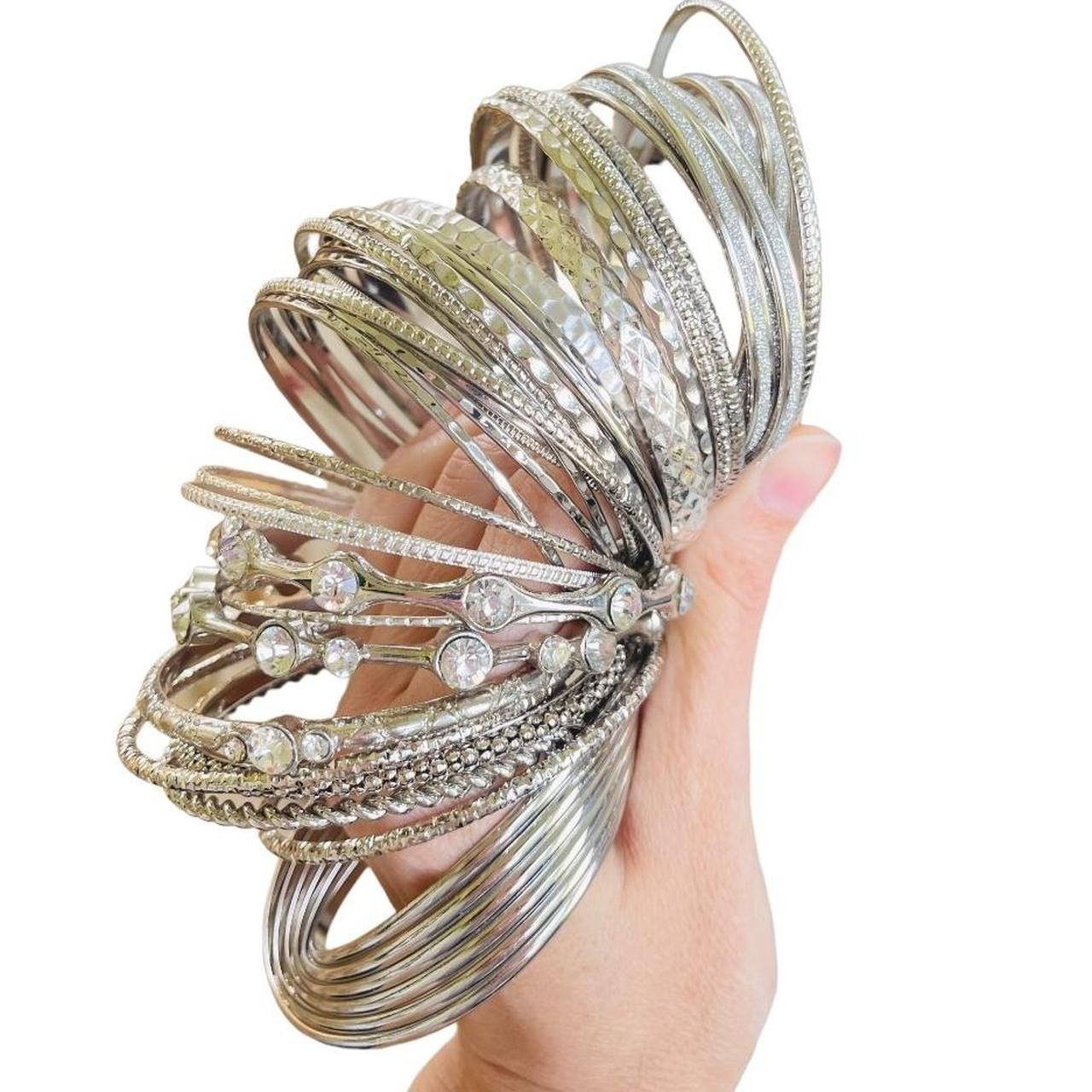 Set of 25 Silver Tone Metal Bangles Bracelets Stack... - Depop