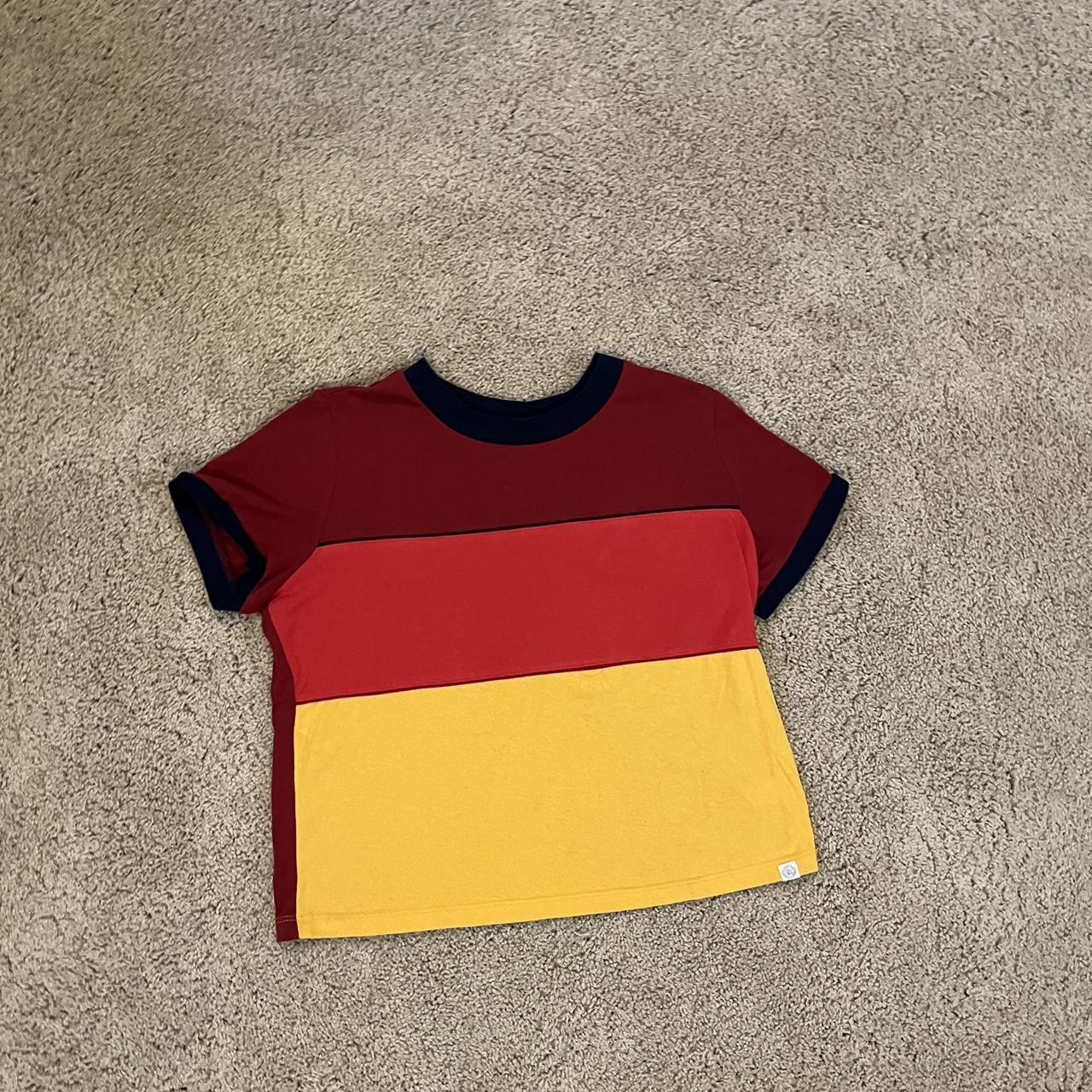 Marine Layer Women's Red and Yellow T-shirt | Depop