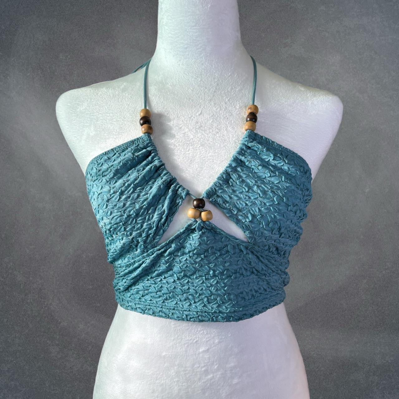 Ocean Blue halter top with beads Open tie at neck... | Depop
