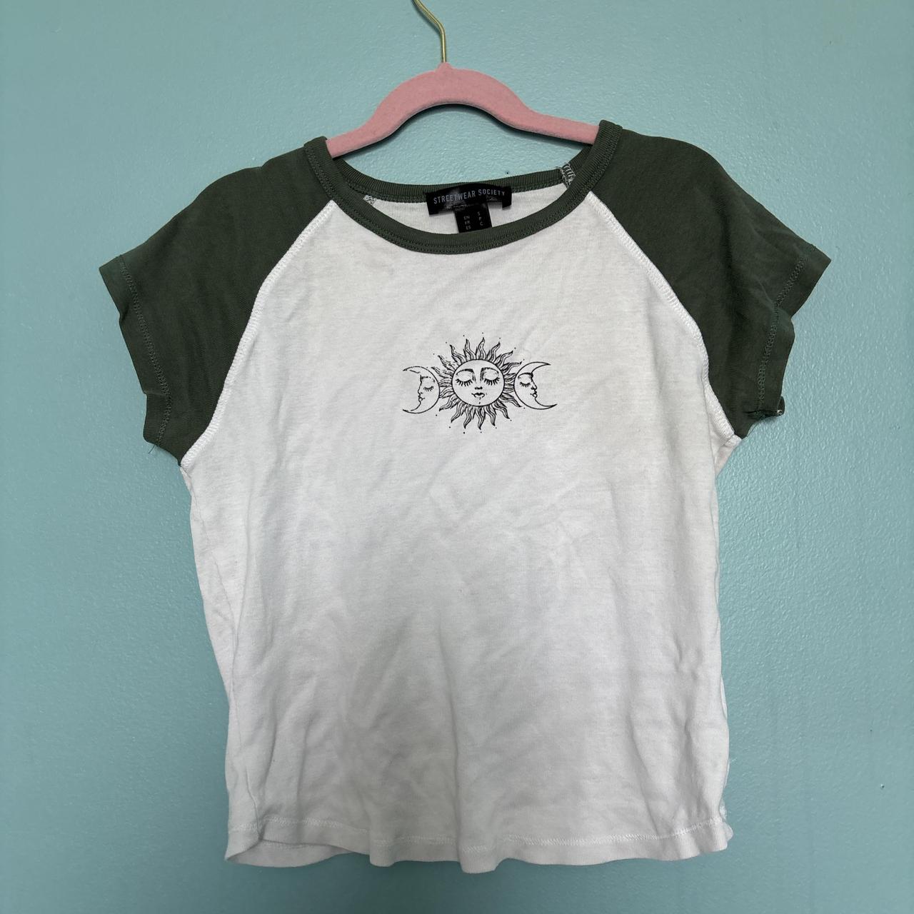 Green and white Y2K moon and sun ringer tee... | Depop