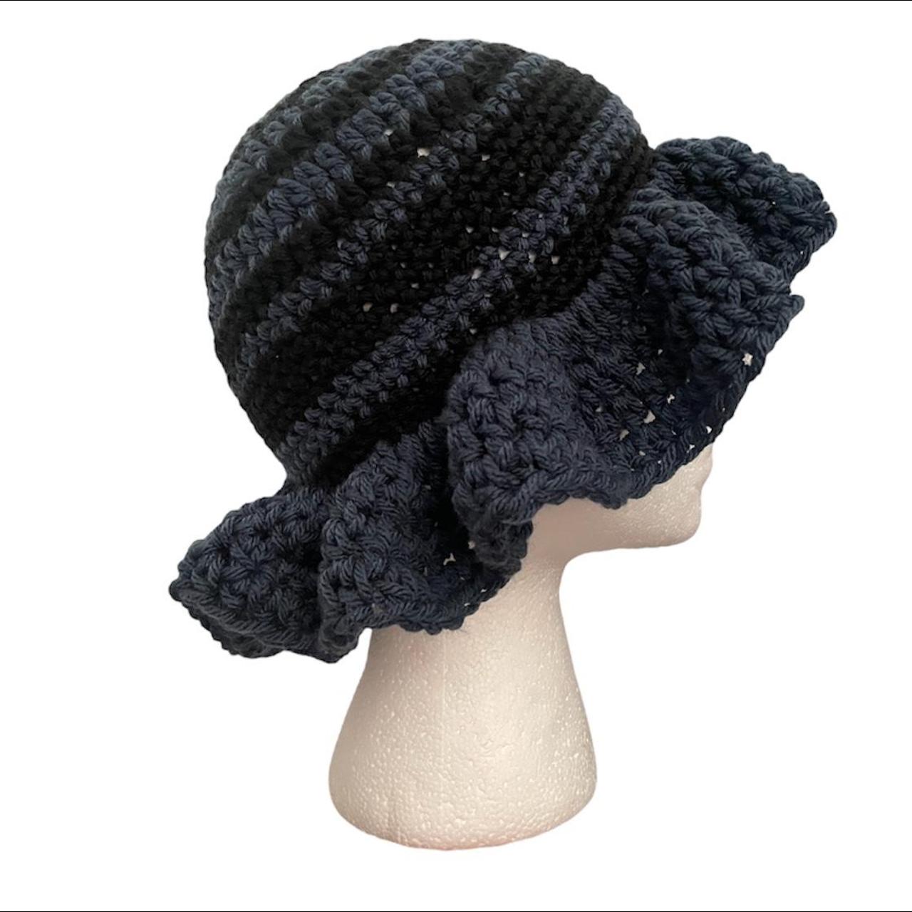Crochet ruffle hat! Blue and black crochet ruffle... | Depop