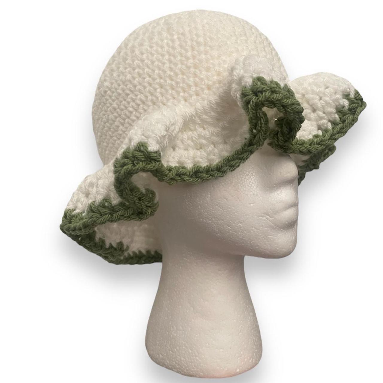 Crochet ruffle hat! White and green crochet ruffle... - Depop