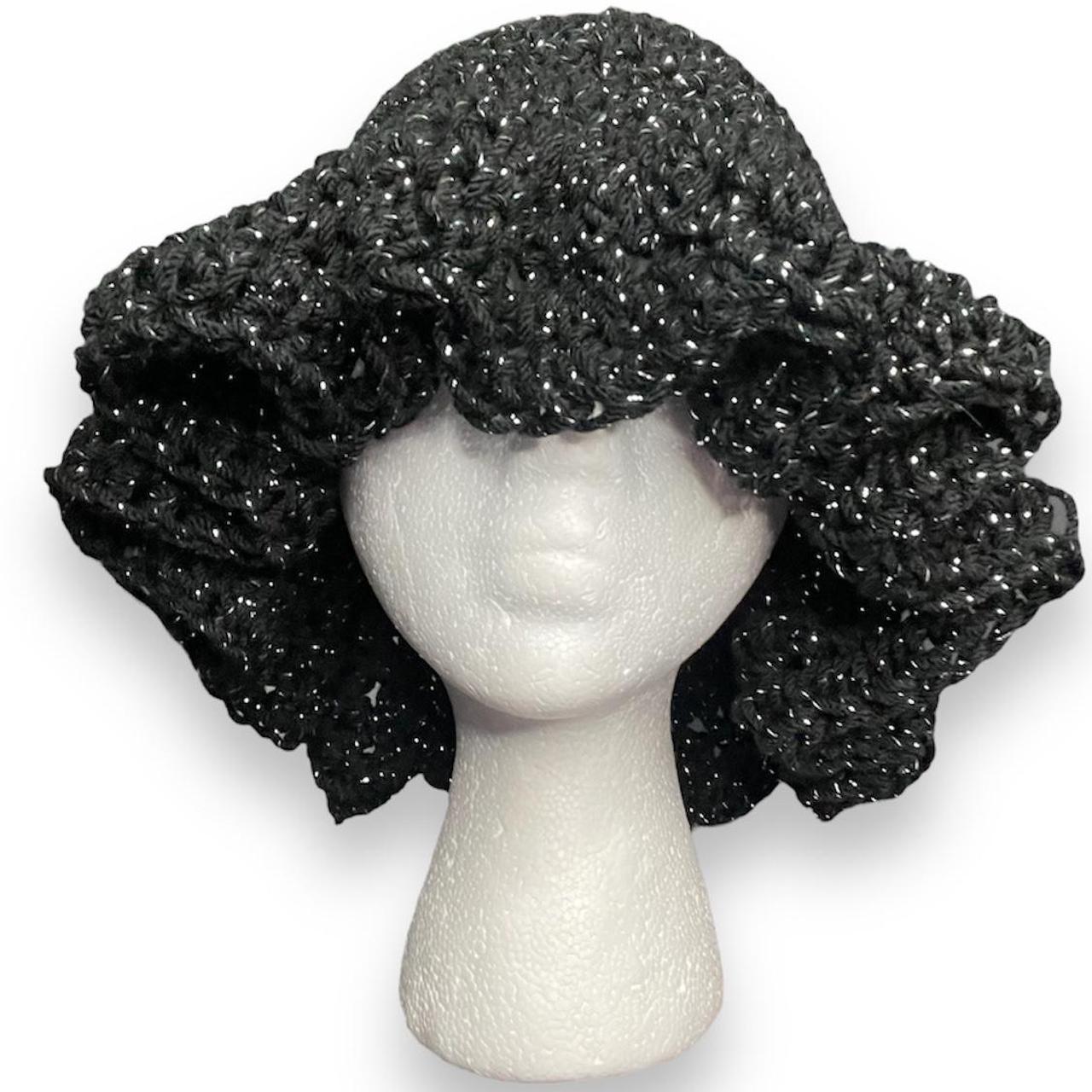 Handmade crochet ruffle hat Black sparkle crochet... - Depop