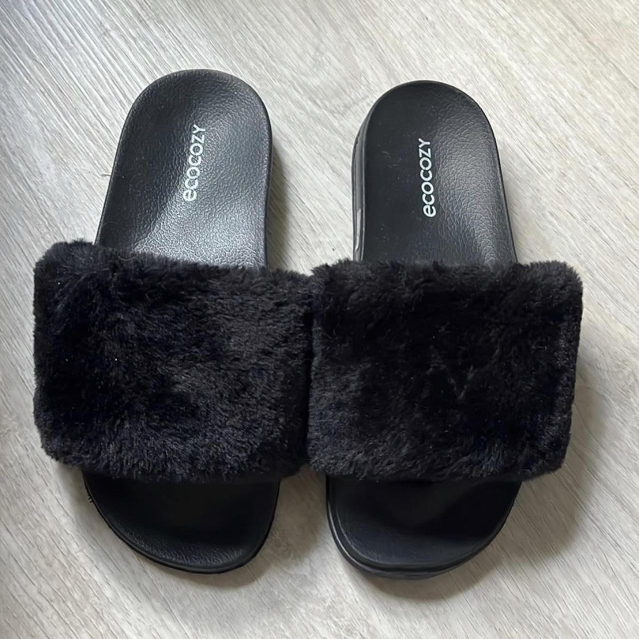 Black fur slides - Depop