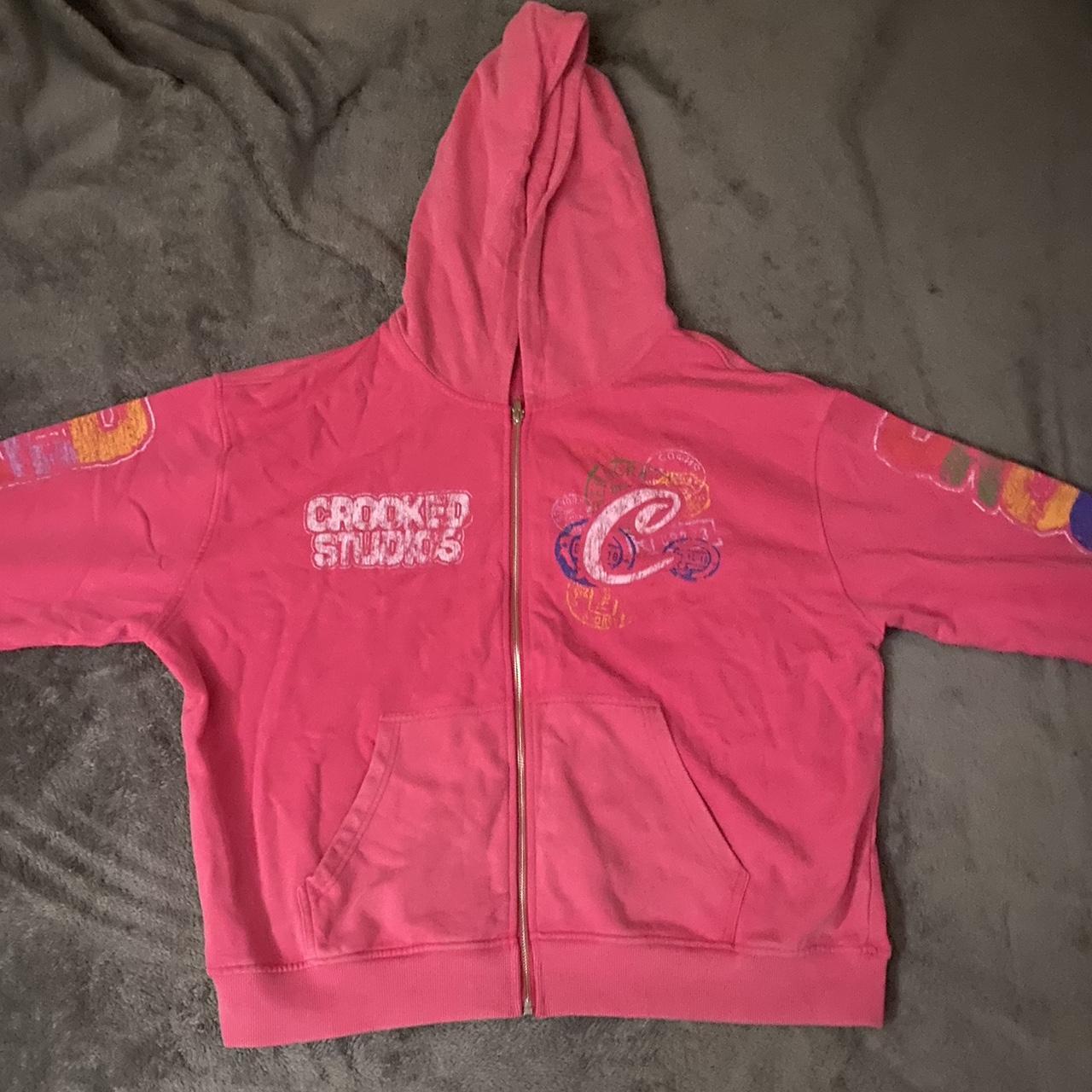 Crooked Studios Pink zip up hoodie Worn 1 time Size... - Depop