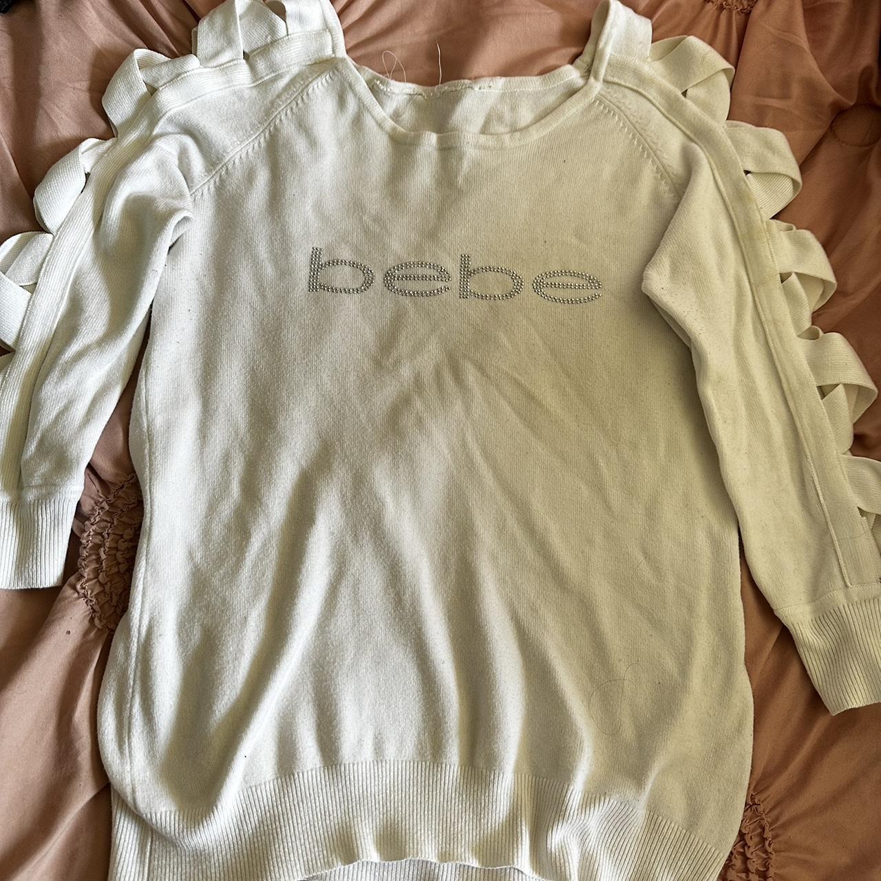 white bebe long sleeve top with criss cross sleeves... - Depop