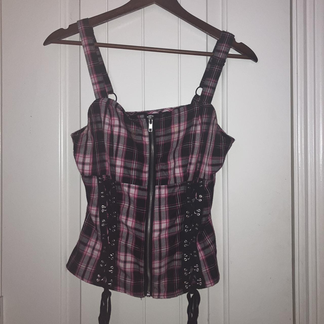 Pink and black plaid corset top with zipper and lace... - Depop