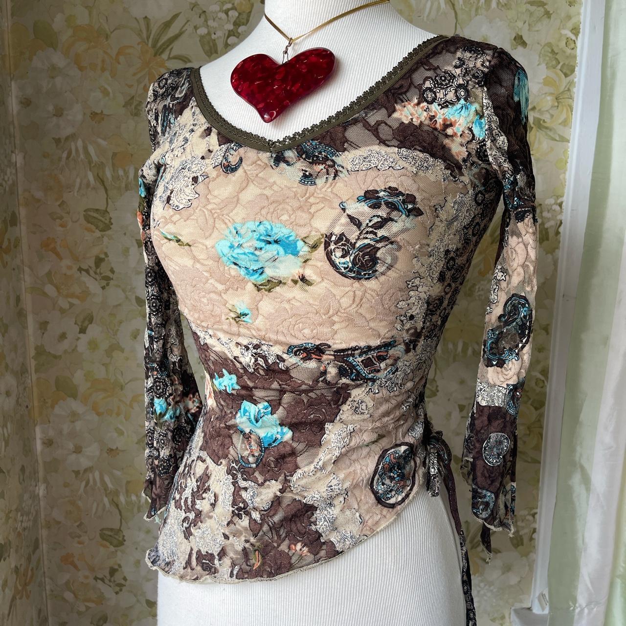 Vintage 2000s Y2K asymmetrical lace top with ruching... - Depop