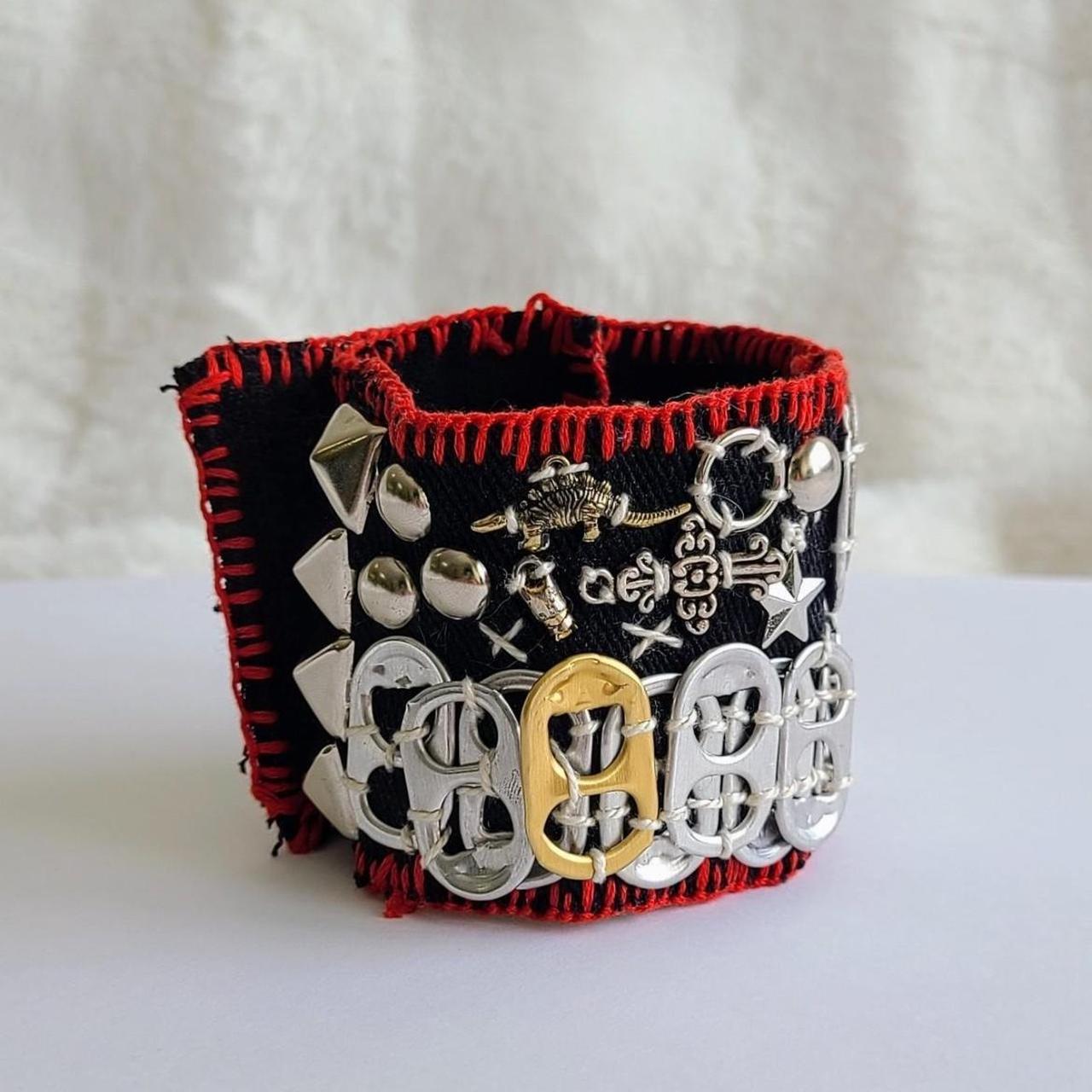 Handmade handsewn studded spiked emo bracelet cuff... | Depop