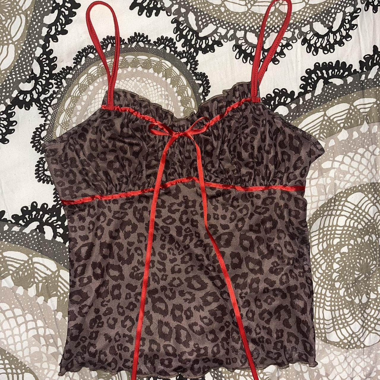 Cheetah print cami with red ribbon, never worn,... - Depop